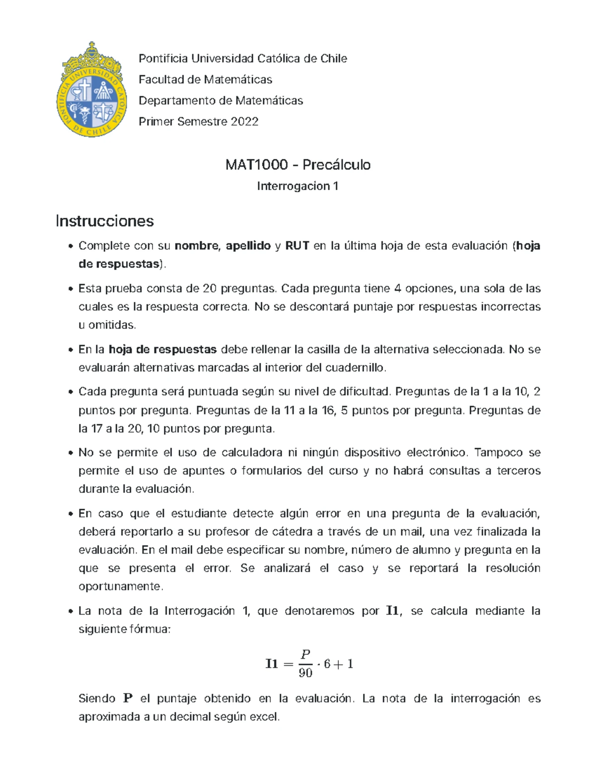 Interrogación 1 MAT1000 - Precálculo: Estructura y Ejercicios - Studocu