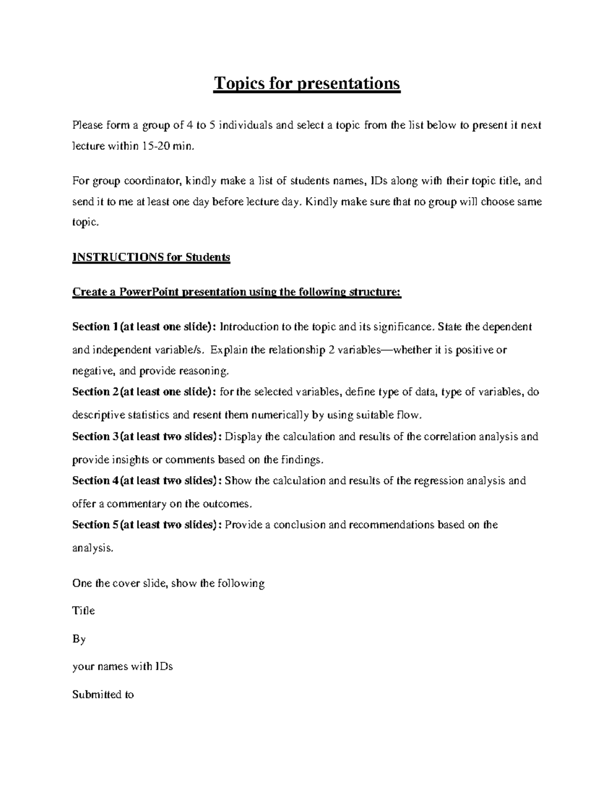 Group Presentation Topics and Guidelines for Assignment One - Studocu