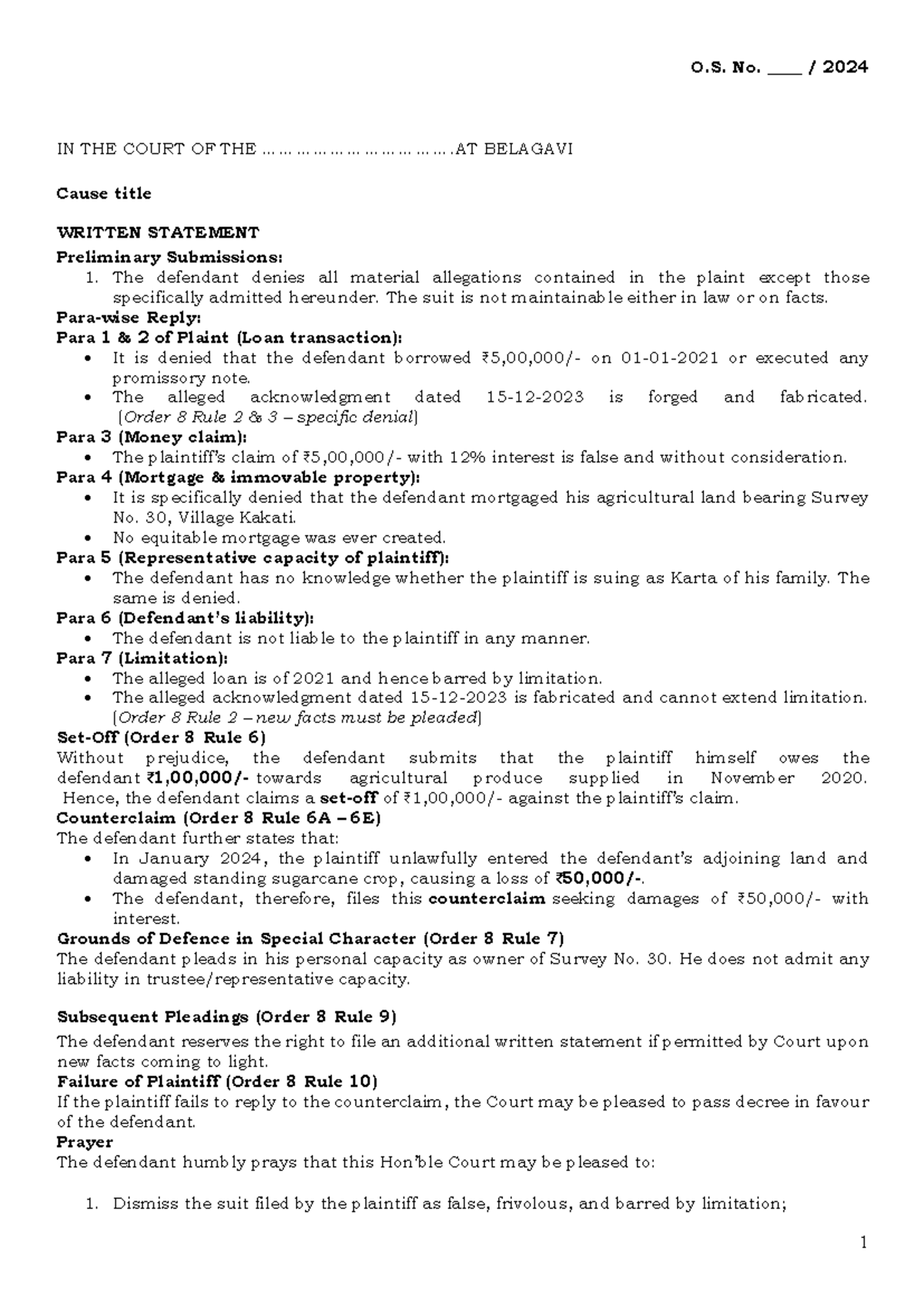 O.S. No. 2024: Written Statement in Money Suit - Model Pleadings - Studocu