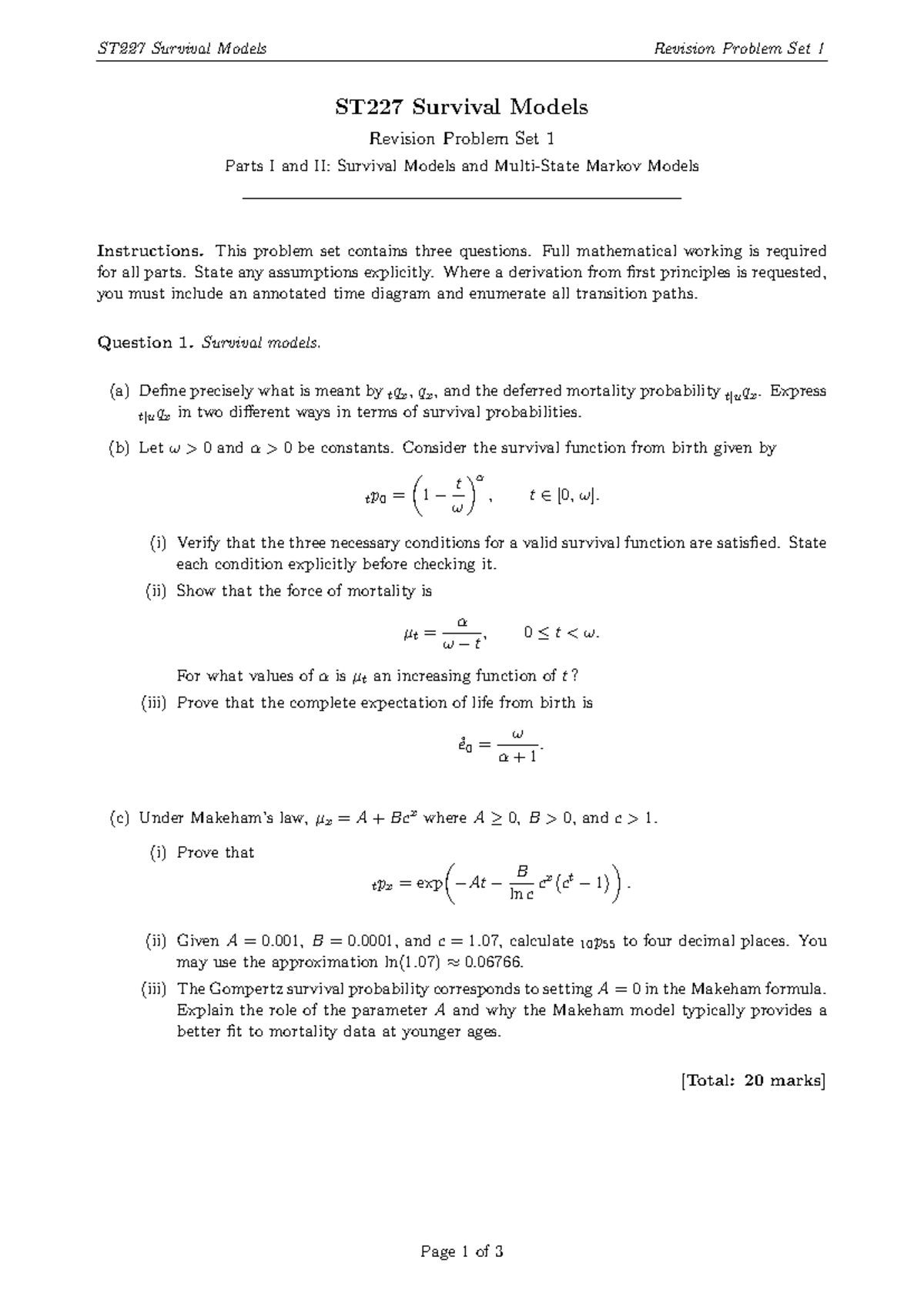 ST227 Survival Models & Markov Models Revision Problem Set 1 - Studocu
