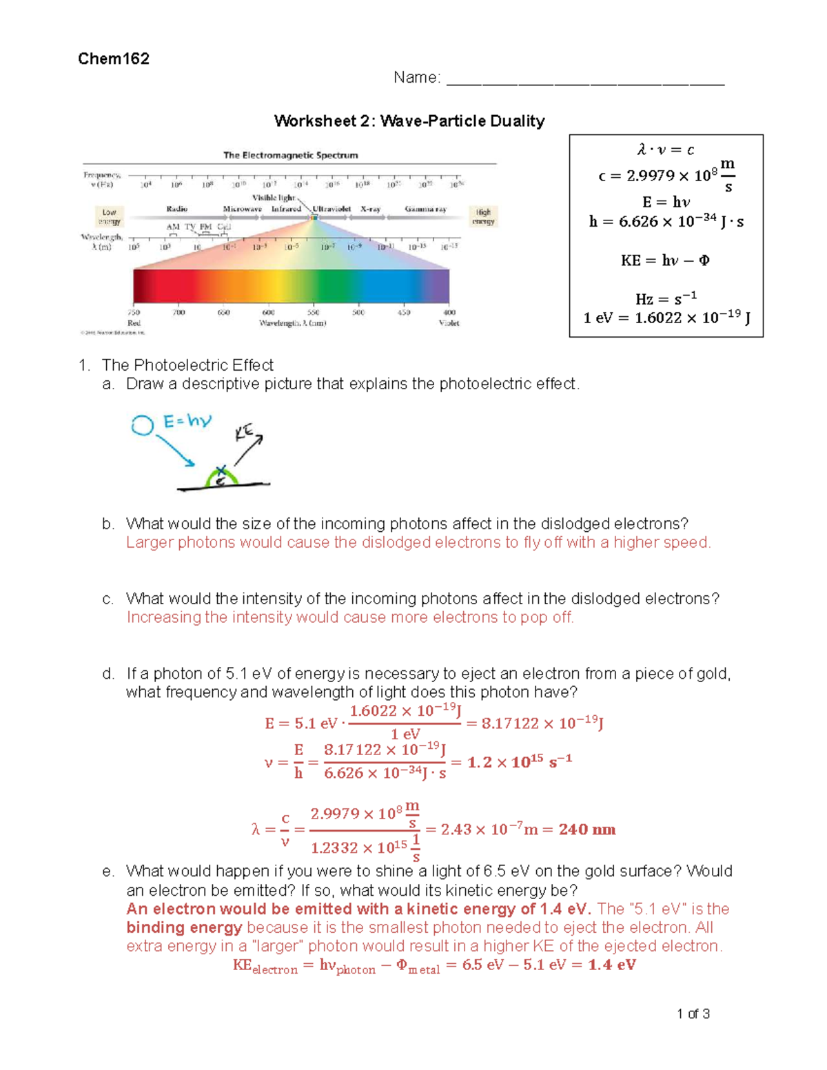 Chem162 Worksheet 2: Wave-Particle Duality Key - Studocu