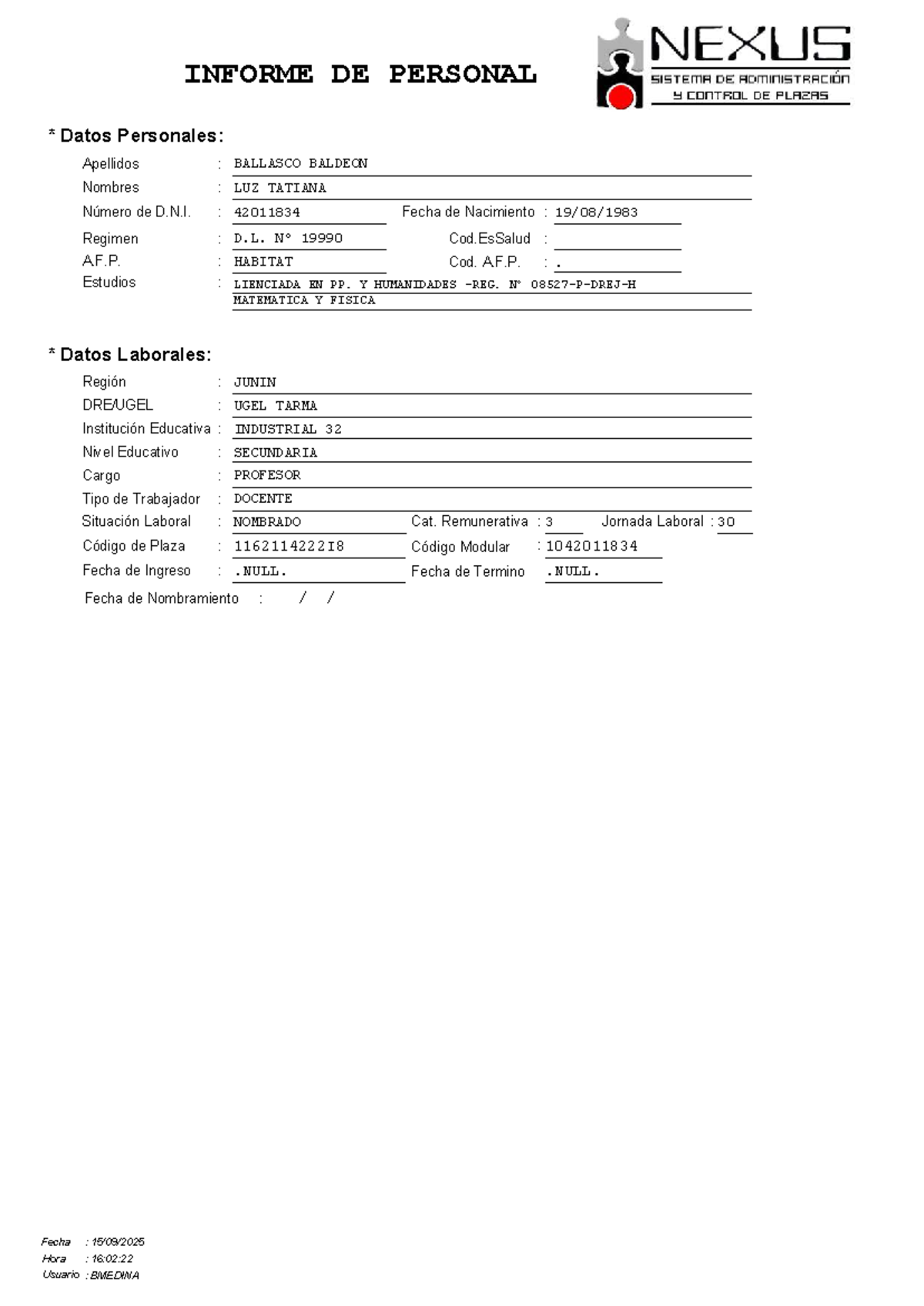 Informe de Personal - Datos Laborales y Académicos - Studocu