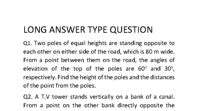 LONG ANSWER TYPE QUESTIONS: HEIGHTS & DISTANCES ANALYSIS - Studocu