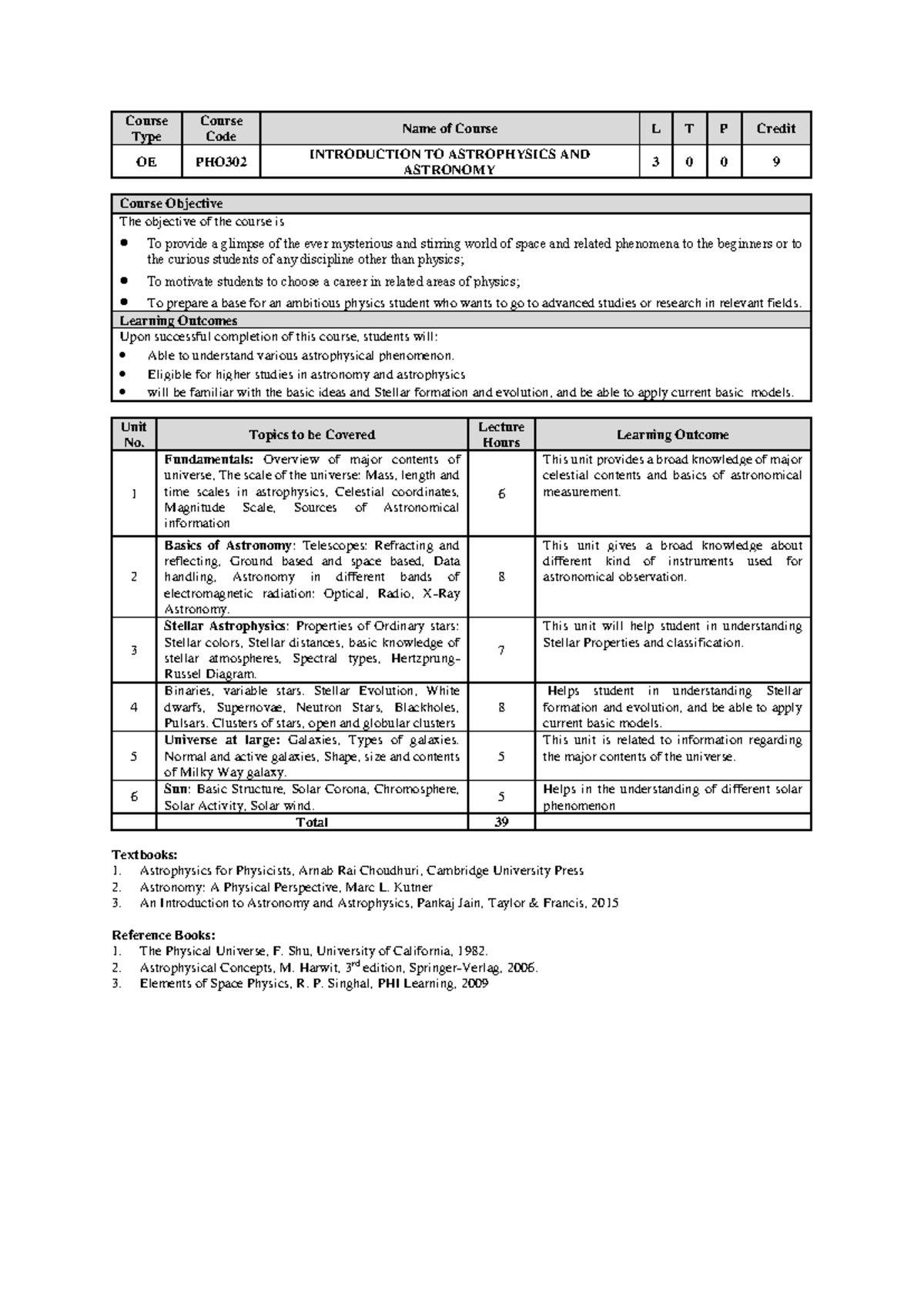 PHO302 - Astrophysics & Astronomy Lecture Plan Overview - Studocu