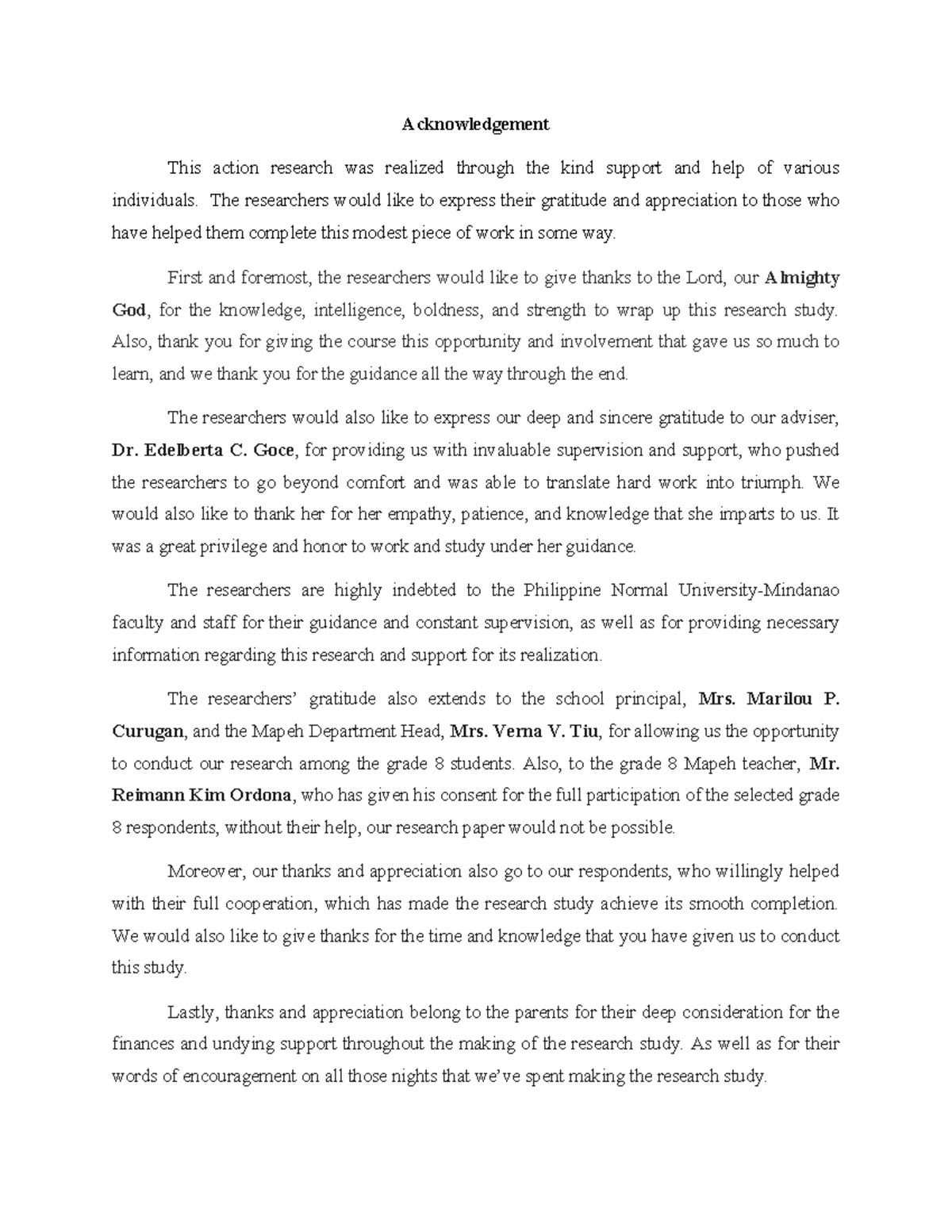 Acknowledgement of Support in Research Study Completion - Studocu