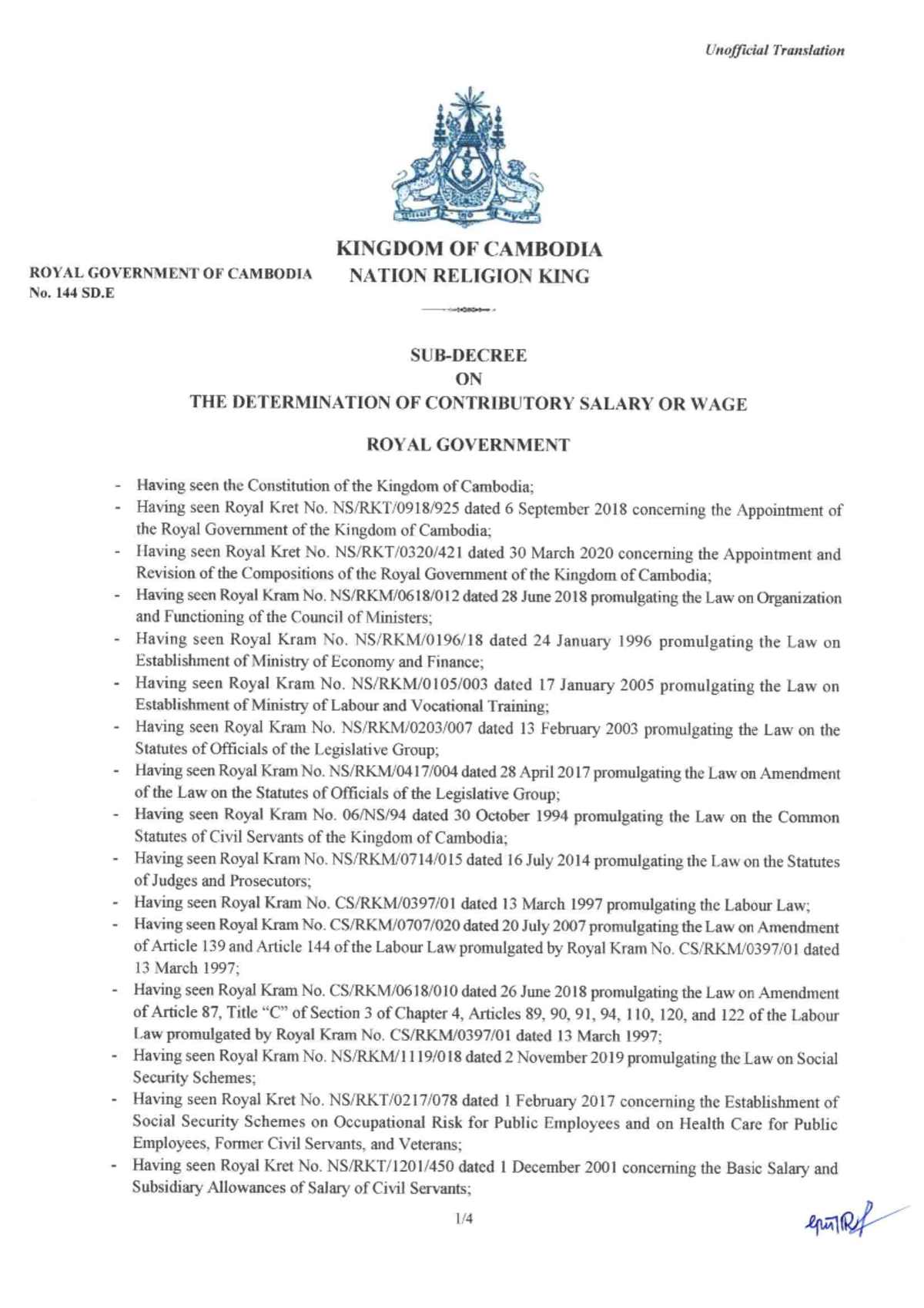 5. Sub Decree on Determining Contributory Salary/Wage 2021 EN - Studocu