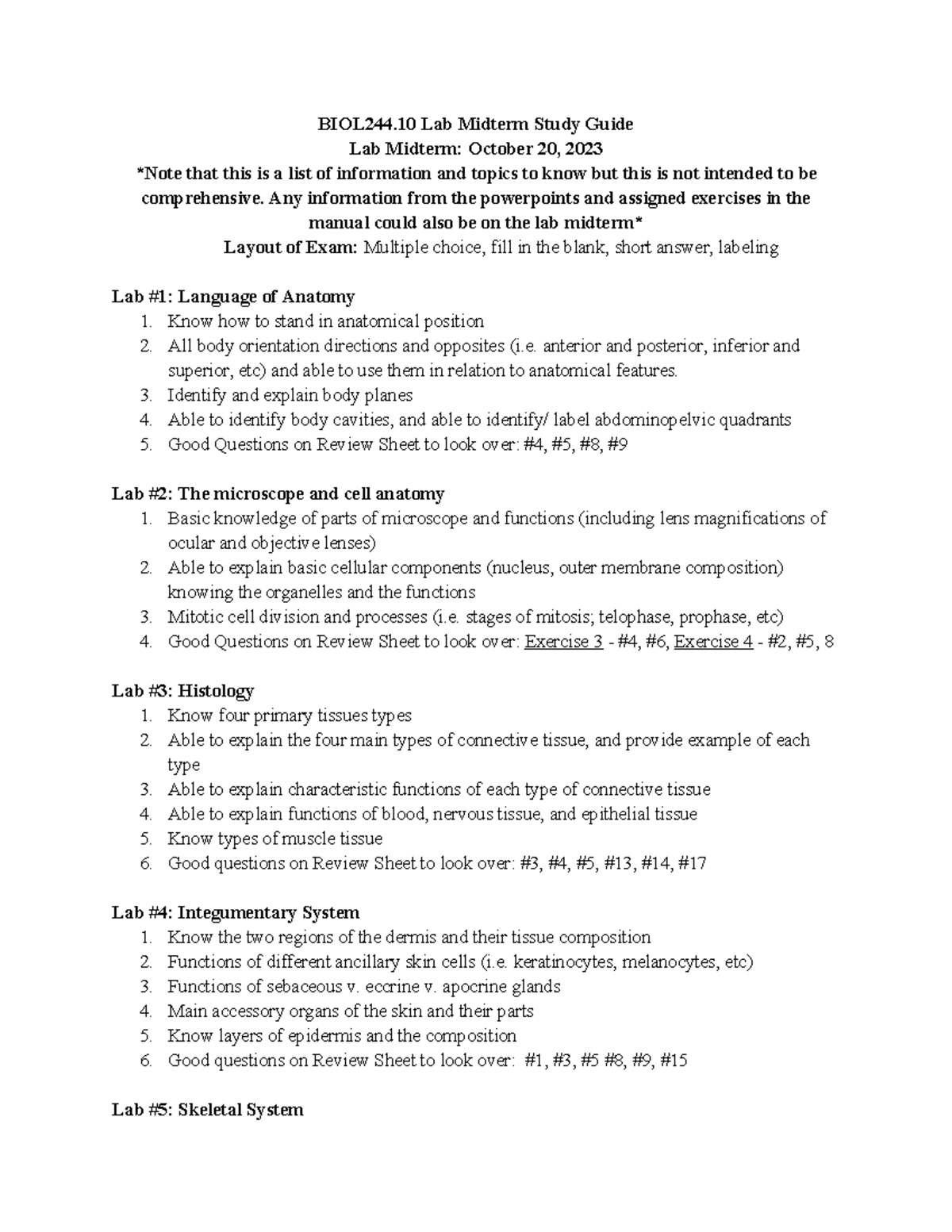 BIOL244.10 Lab Midterm Study Guide - BIOL244 Lab Midterm Study Guide ...