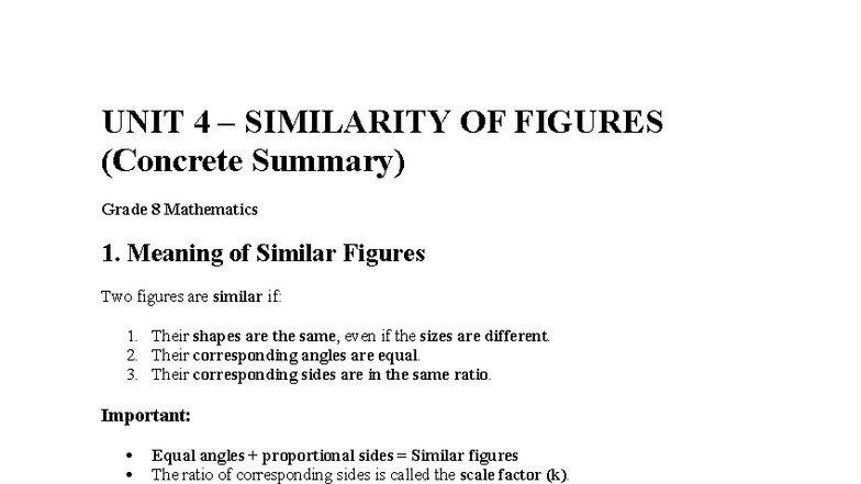 UNIT 4 SIMILARITY OF FIGURES (Concrete Summary) Grade 8 Math - Studocu