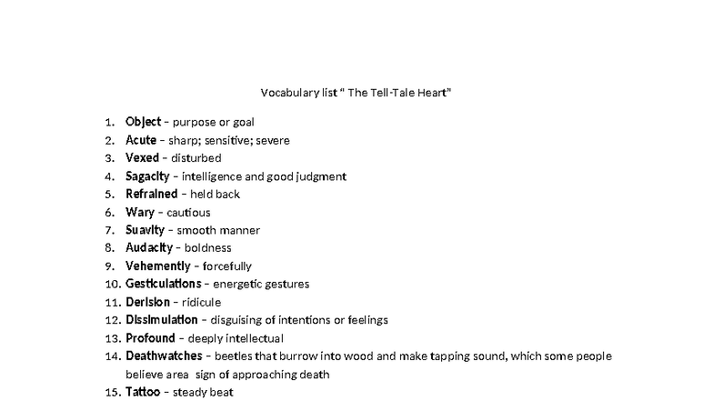 Vocabulary list tell-tale heart - Vocabulary list “ The Tell-Tale Heart ...