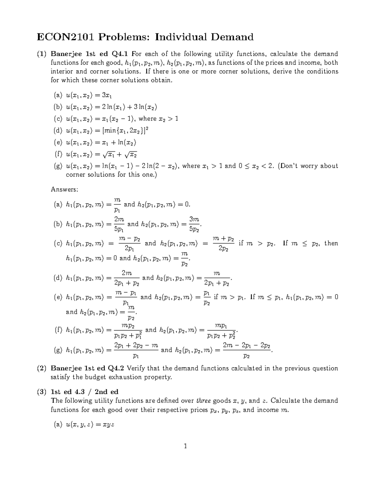 Intermediate Demand Analysis for ECON2101: Utility Functions and ...