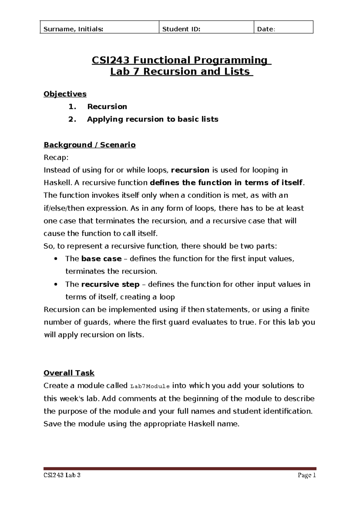 CSI243 Lab 7: Recursion Techniques Applied to Lists - Studocu