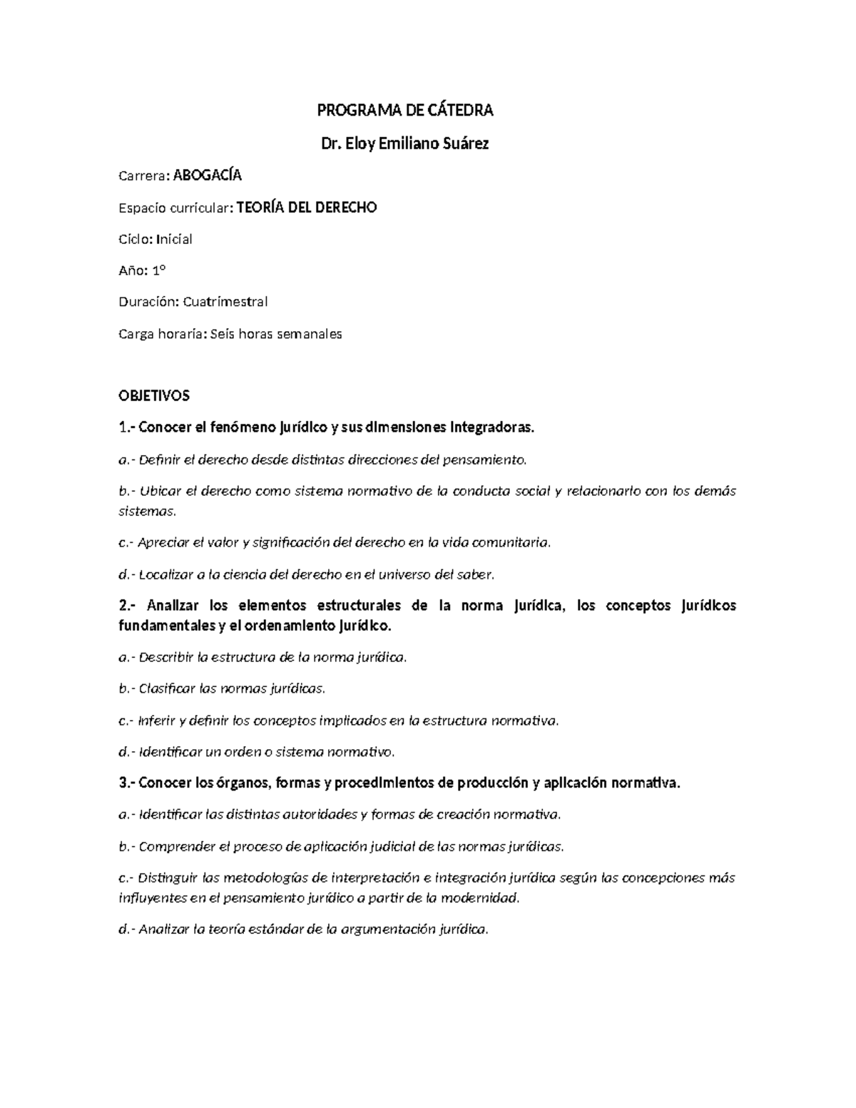 Programa de Teoría del Derecho - Carrera de Abogacía - 1° Año - Studocu