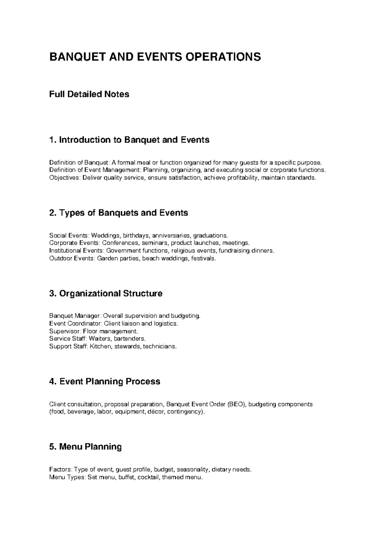 BANQUET & EVENTS OPERATIONS: Comprehensive Notes 2 - Studocu