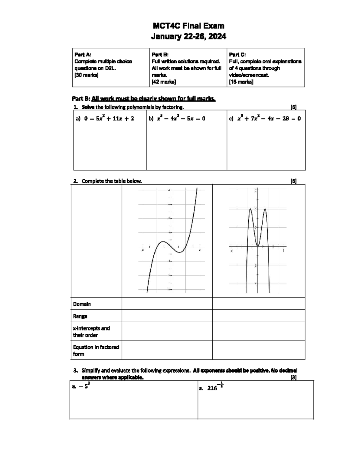 MAth exam - bfdbdfbdfbdfb - MCT4C Final Exam January 2024 Part A: Part ...