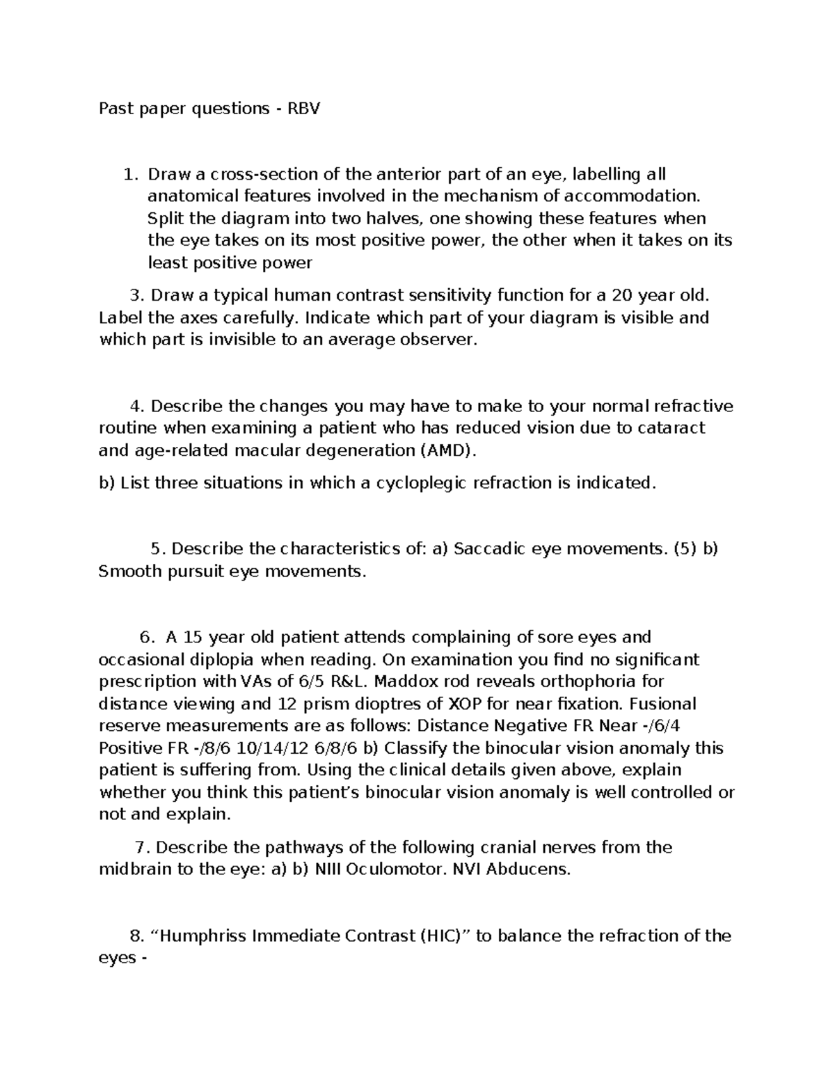 Past Paper Questions - RBV: Eye Anatomy & Vision Assessment - Studocu