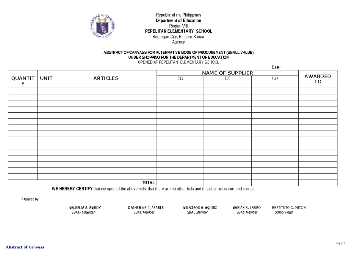 Abstract of Canvass for Alternative Procurement - PEPELITAN ELEM. - Studocu