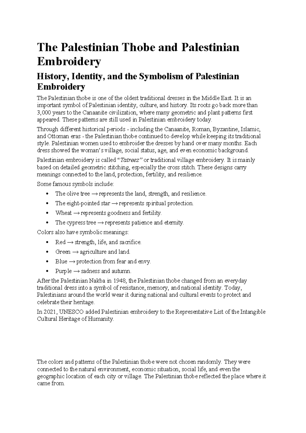 The Palestinian Thobe: History, Identity & Embroidery Symbolism - Studocu