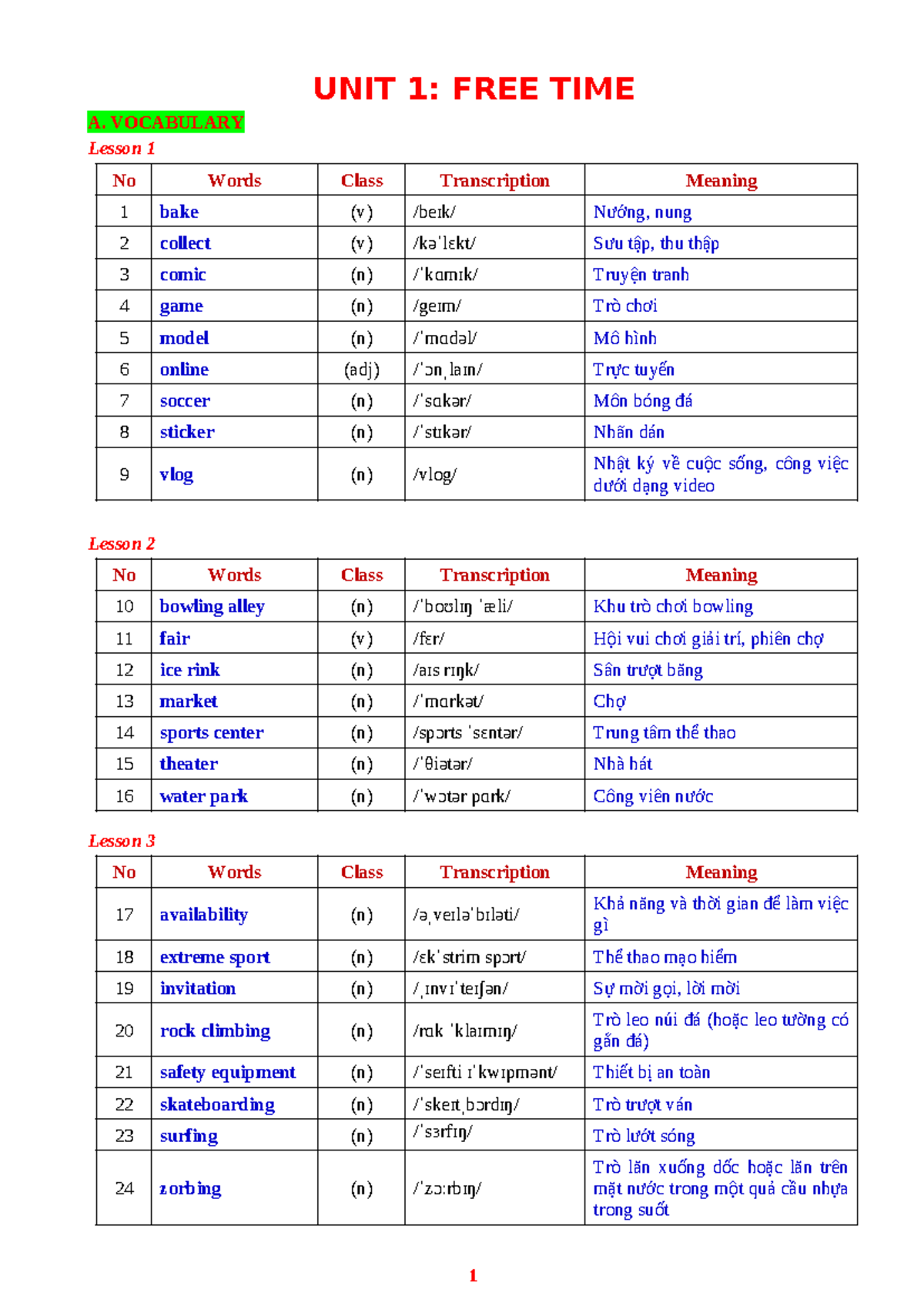 UNIT 1: FREE TIME - Vocabulary & Grammar Exercises (603418909) - Studocu