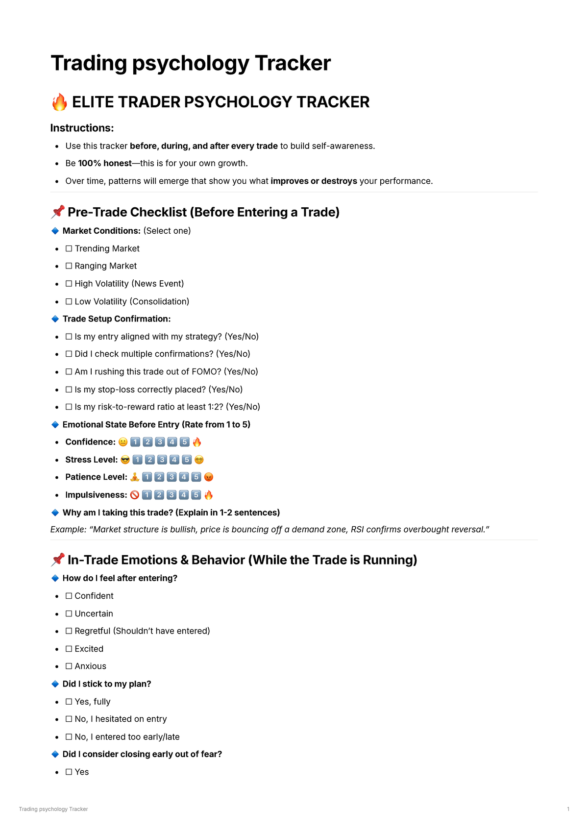 Trading Psychology Tracker: ELITE TRADER PSYCHOLOGY Checklist - Studocu