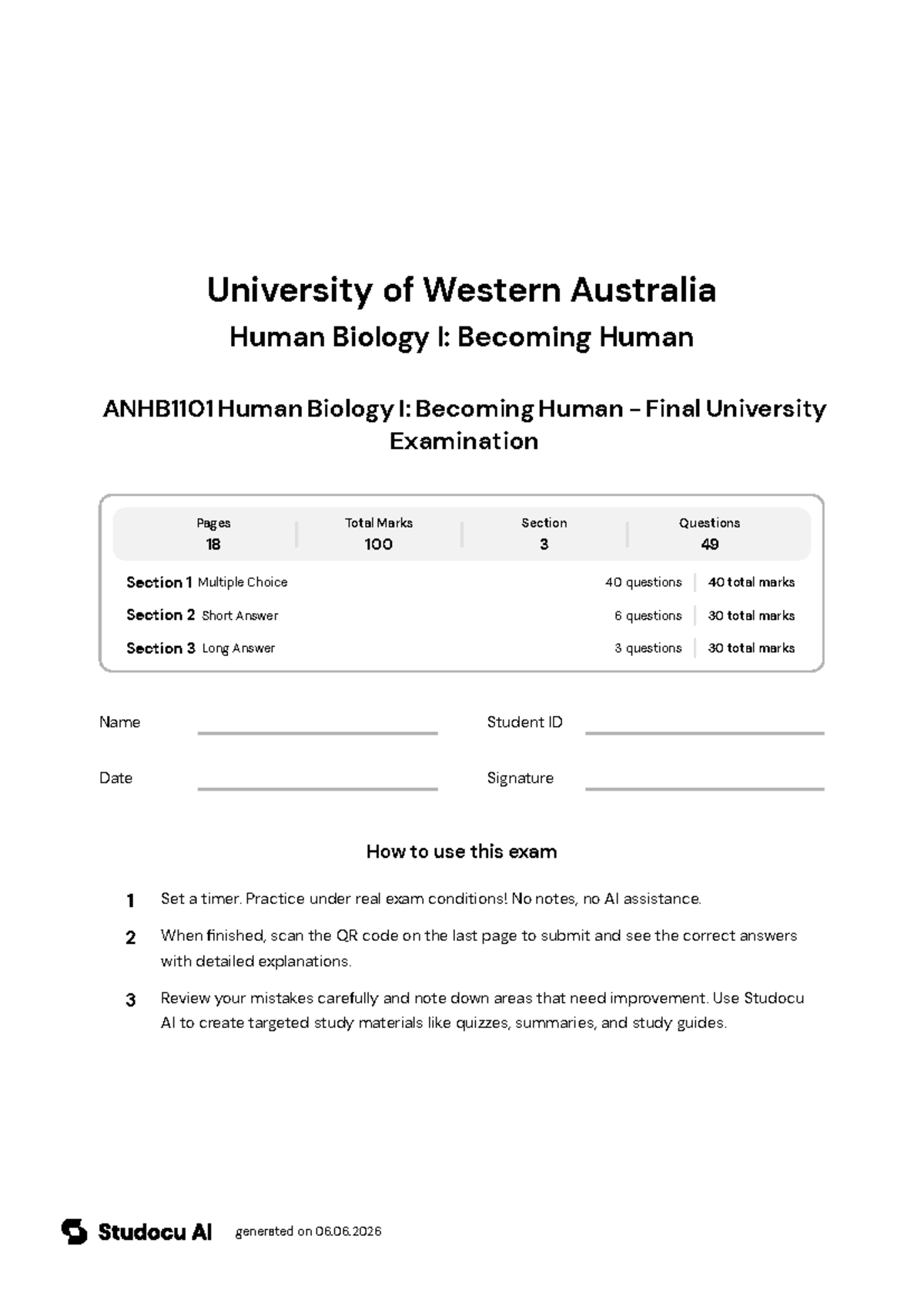 ANHB1101 Human Biology I: Final Exam - Studocu