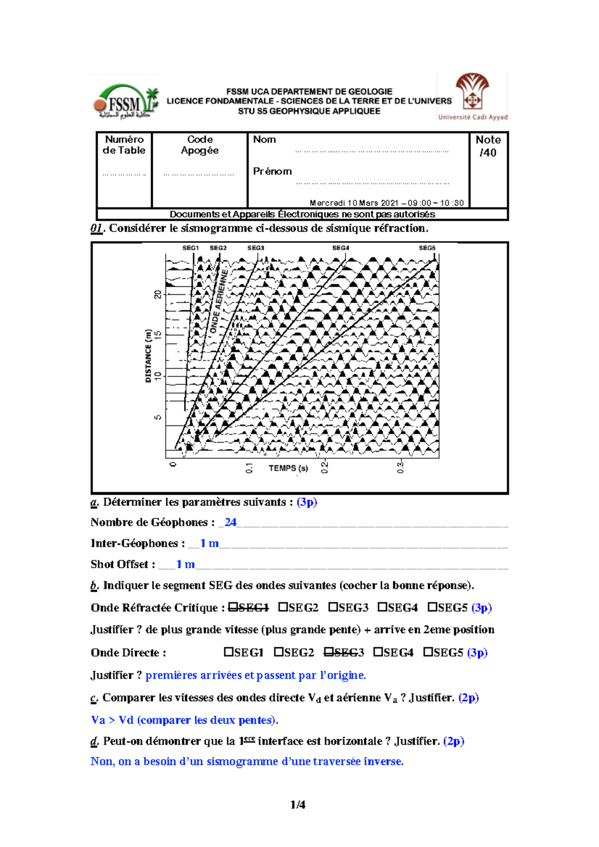Examen N 20 21 - de Table Numéro ................. Apogée Code ........................... Nom ...