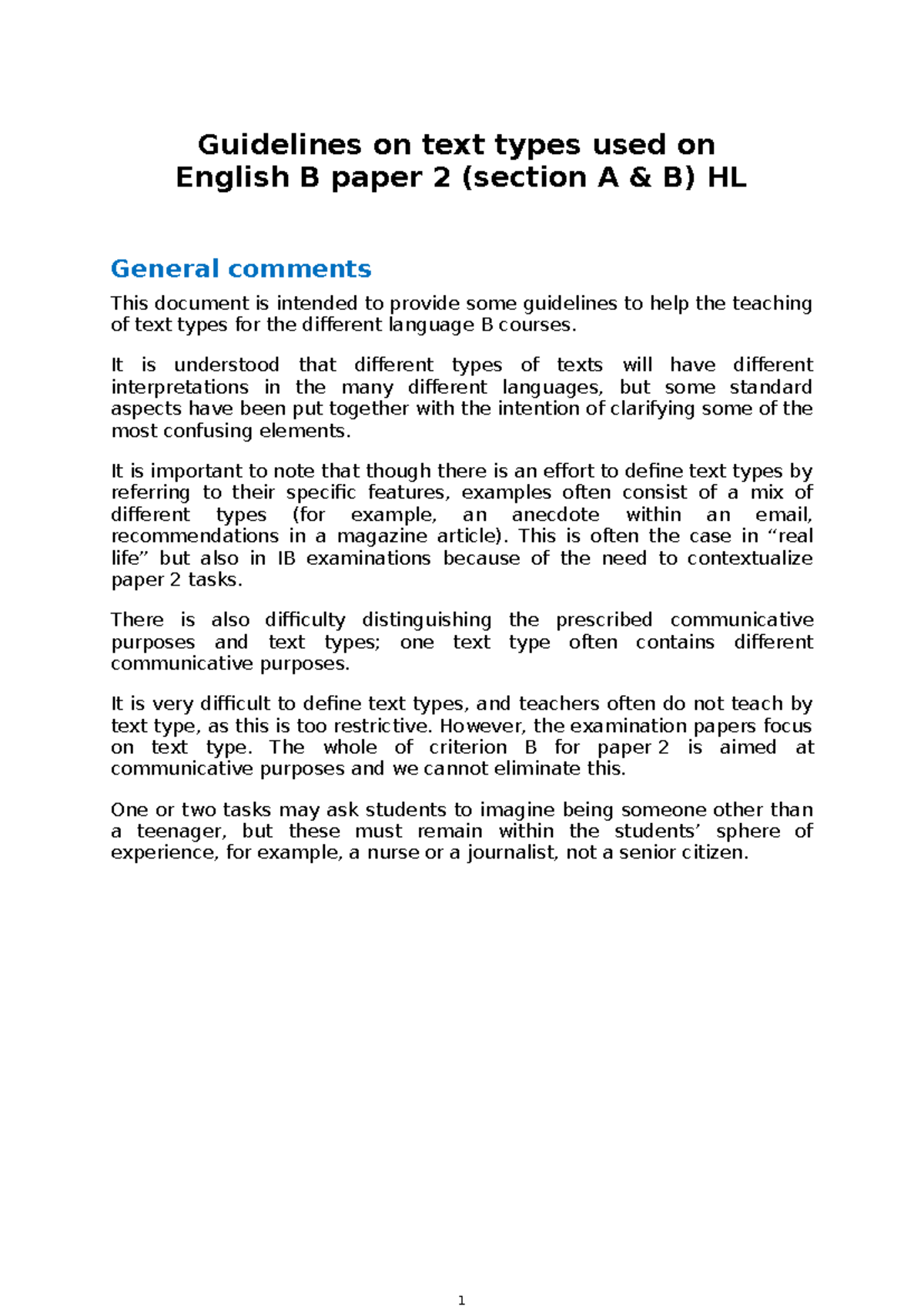 Guidelines on Text Types for English B Paper 2 (HL) - Studeersnel