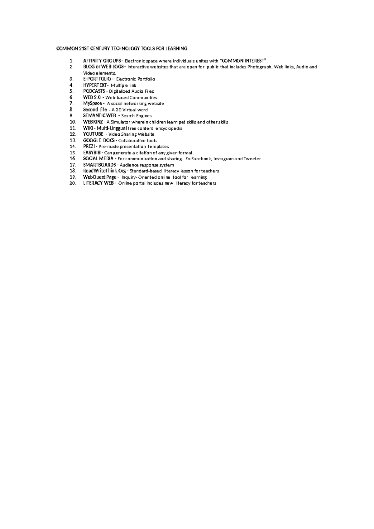 COMMON 21ST CENTURY TECH TOOLS FOR LEARNING - OVERVIEW - Studocu