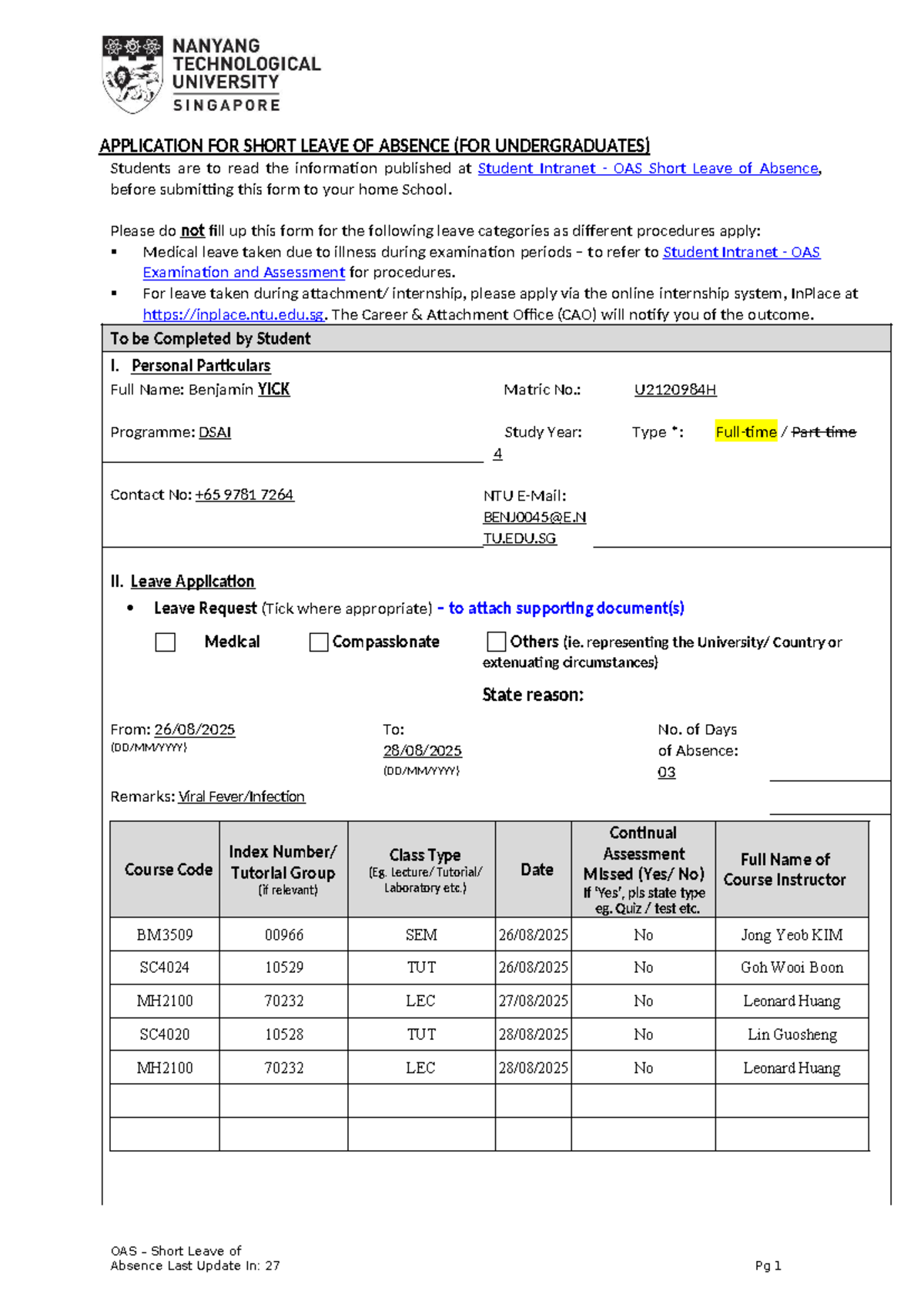 Short Leave Application Form for Undergraduates (0324) - Studocu