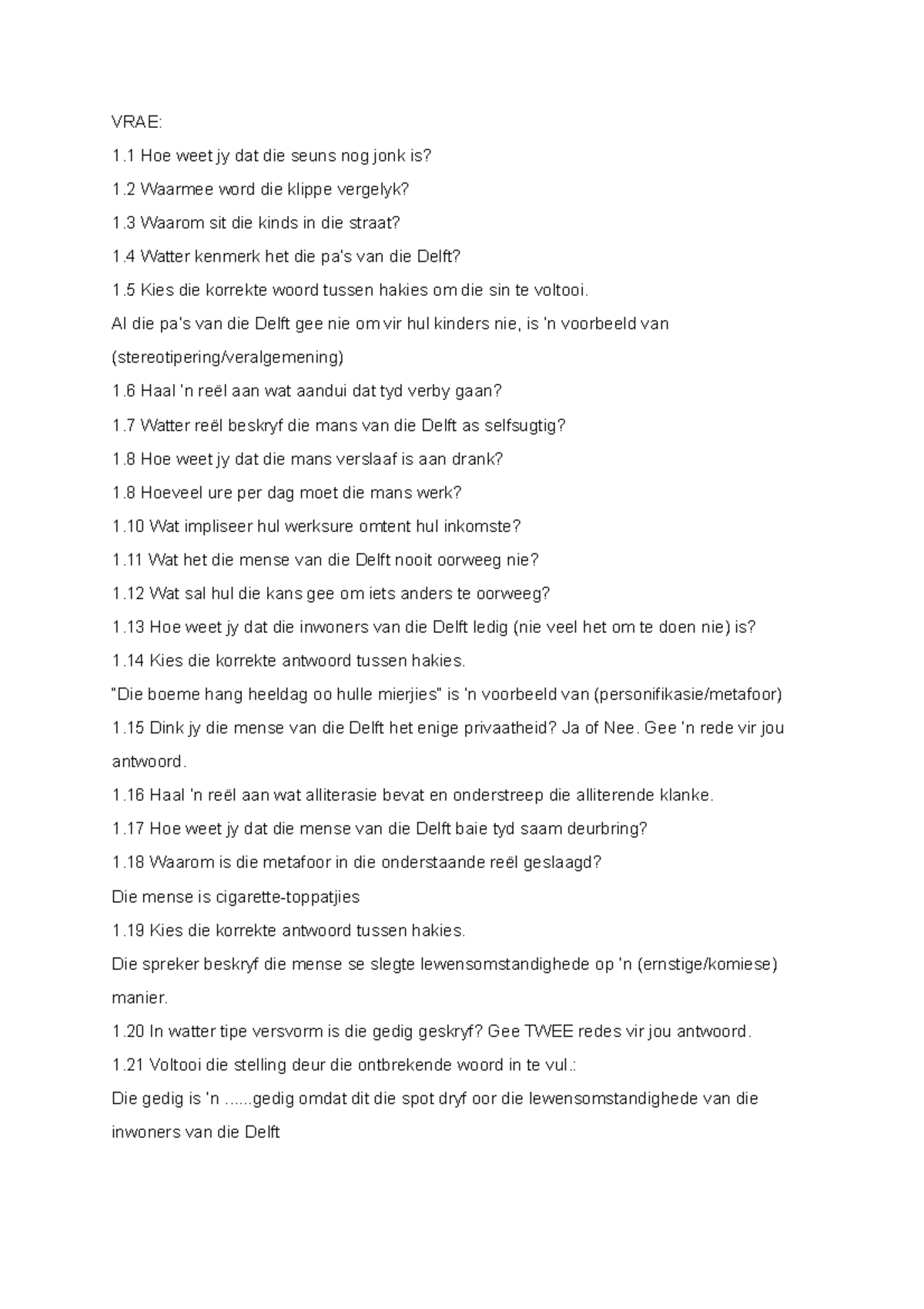 Delft Vrae: Analise van Gedig se Tema en Struktuurvragen - Studocu