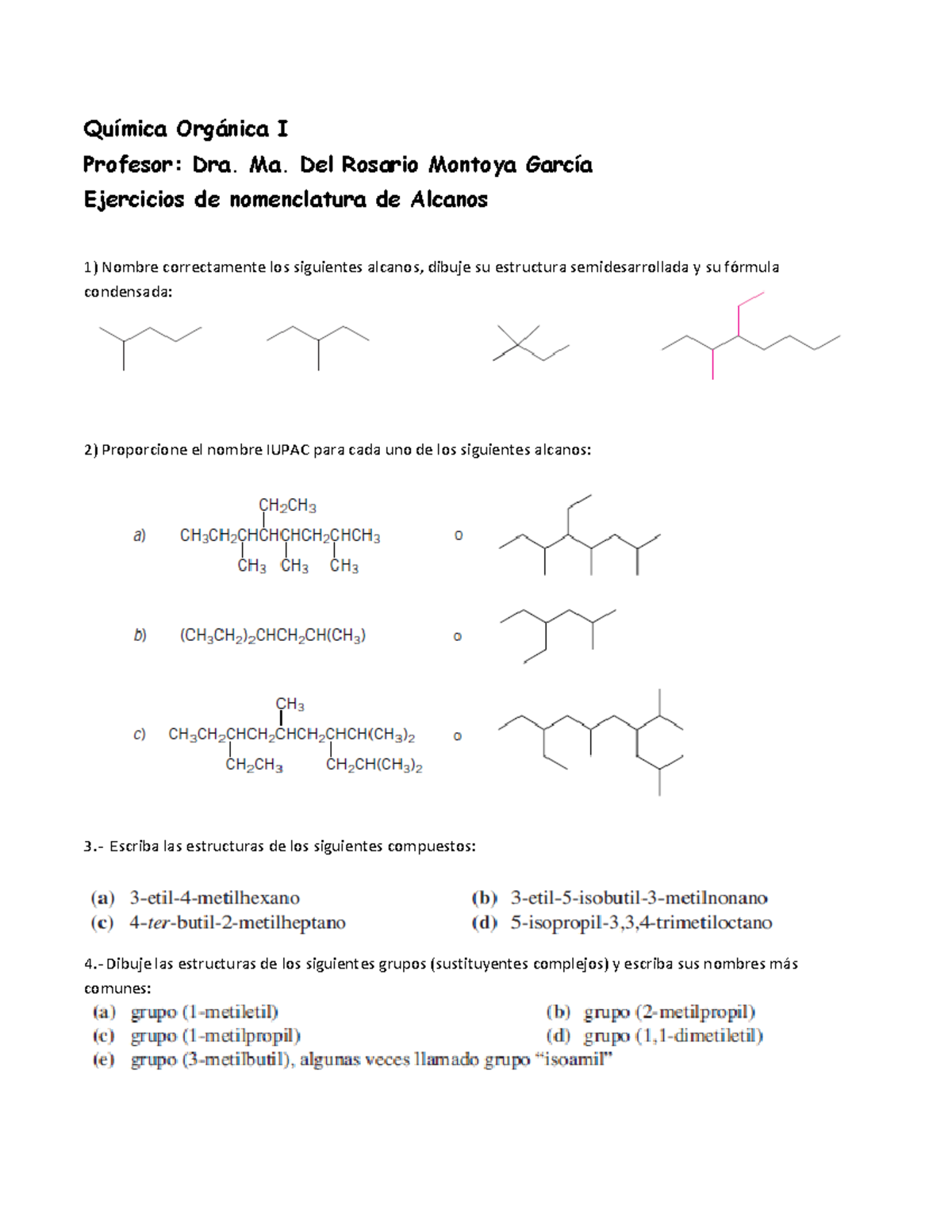 Ejercicios de nomenclatura de Alcanos - Química Orgánica I Profesor ...
