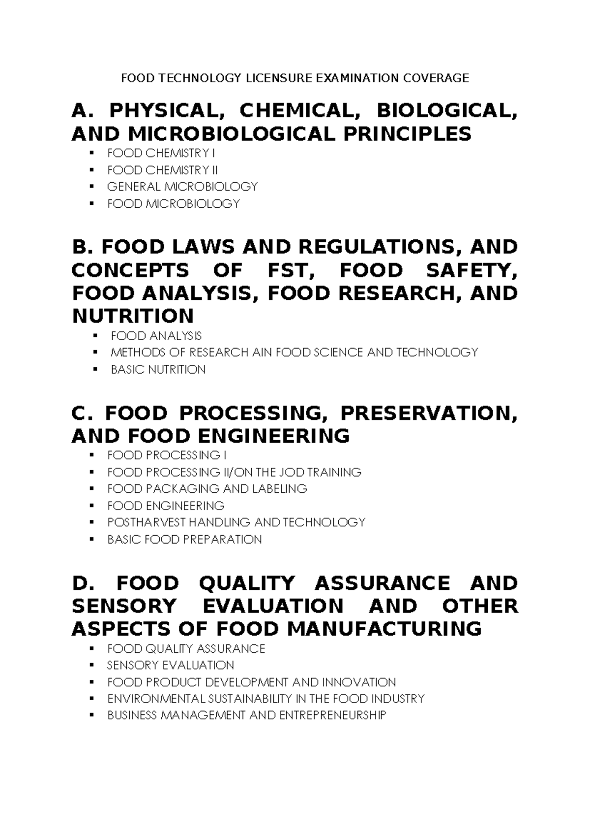 Food Technology Licensure Exam Coverage: Key Topics & Guidelines - Studocu