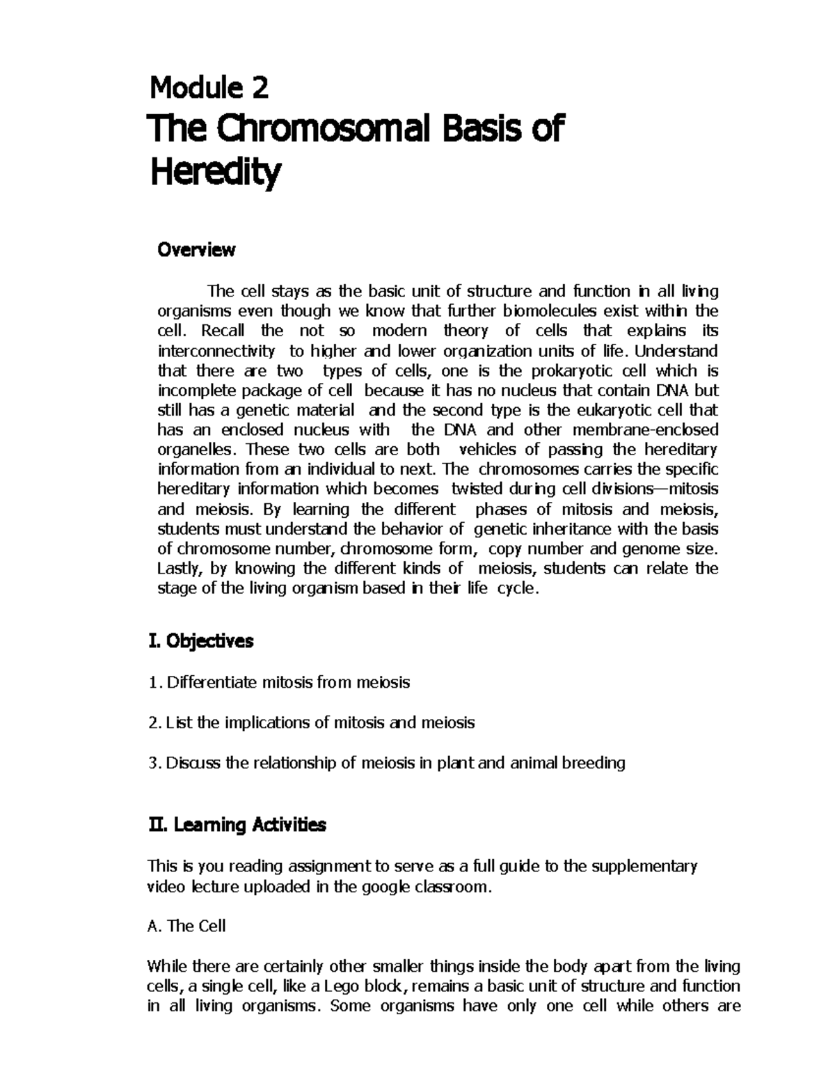 Module 2: The Chromosomal Basis of Heredity and Cell Division - Studocu