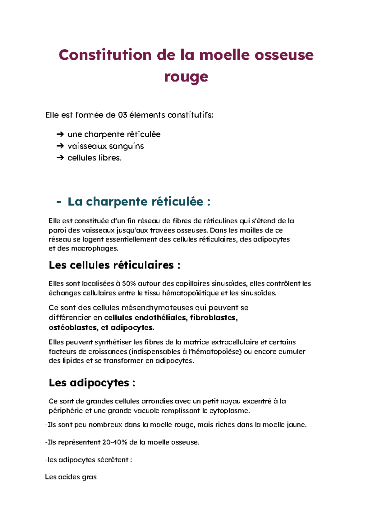 Constitution de la moelle osseuse rouge : Éléments et Structures - Studocu
