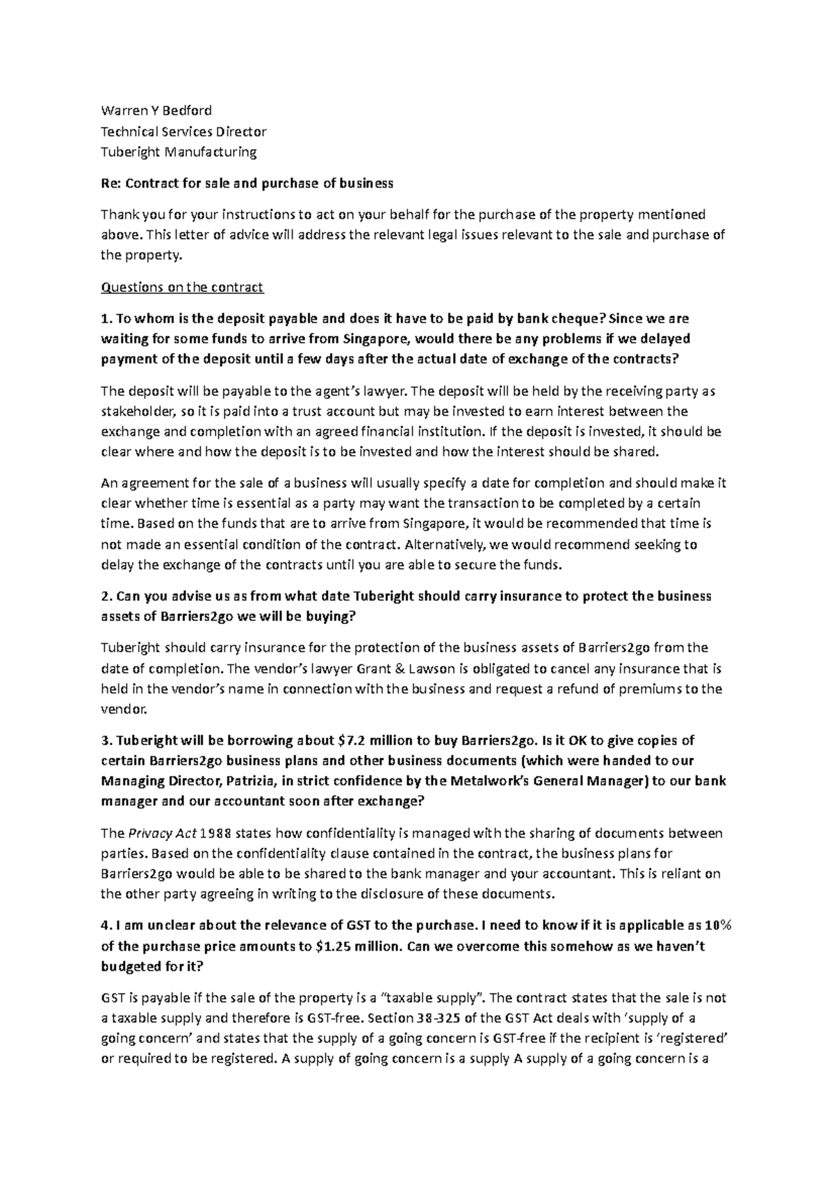 Client Letter of Advice: Contract for Sale & Purchase - Activity 2.1 ...
