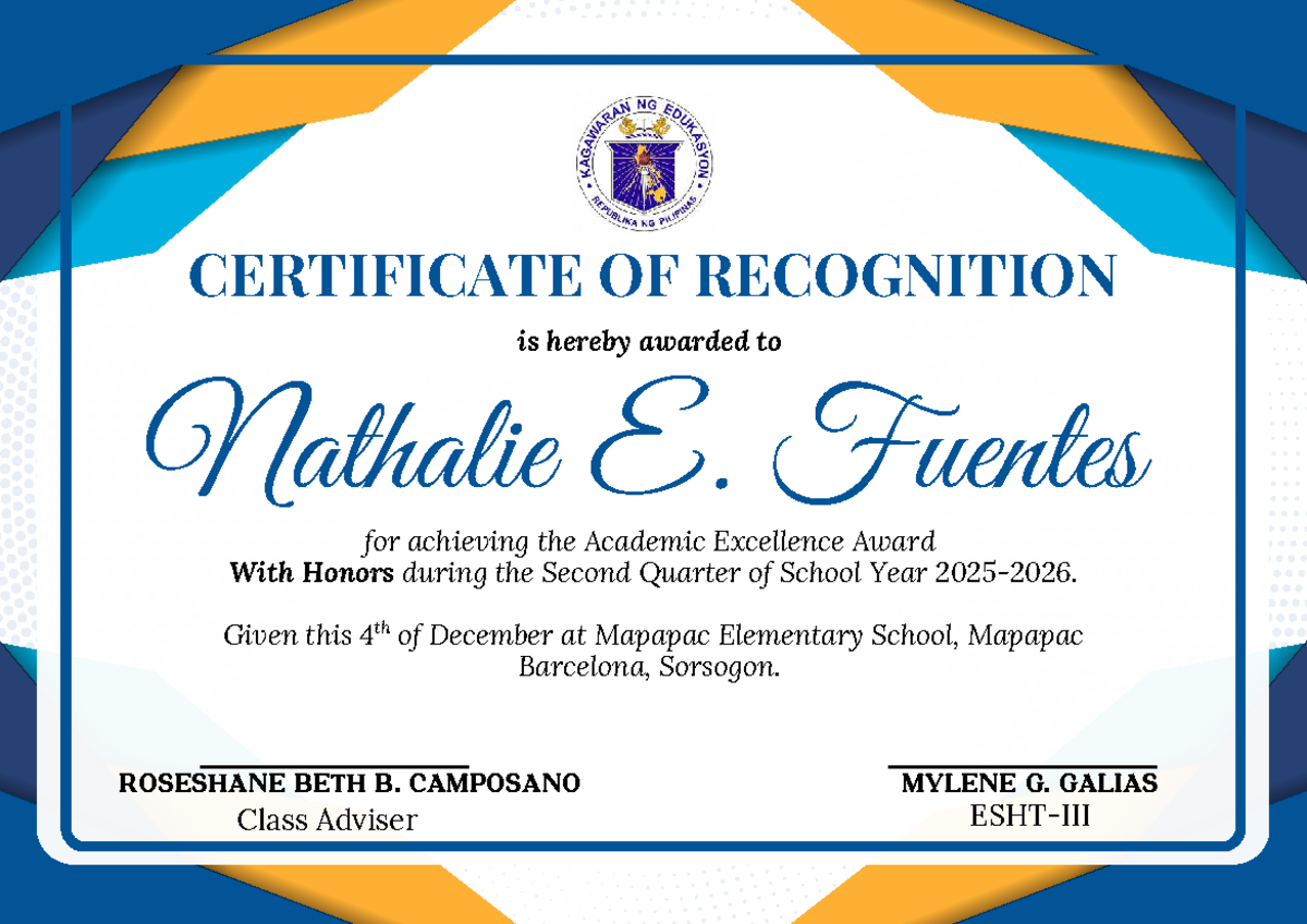 Certificate Of Academic Excellence Award Deped