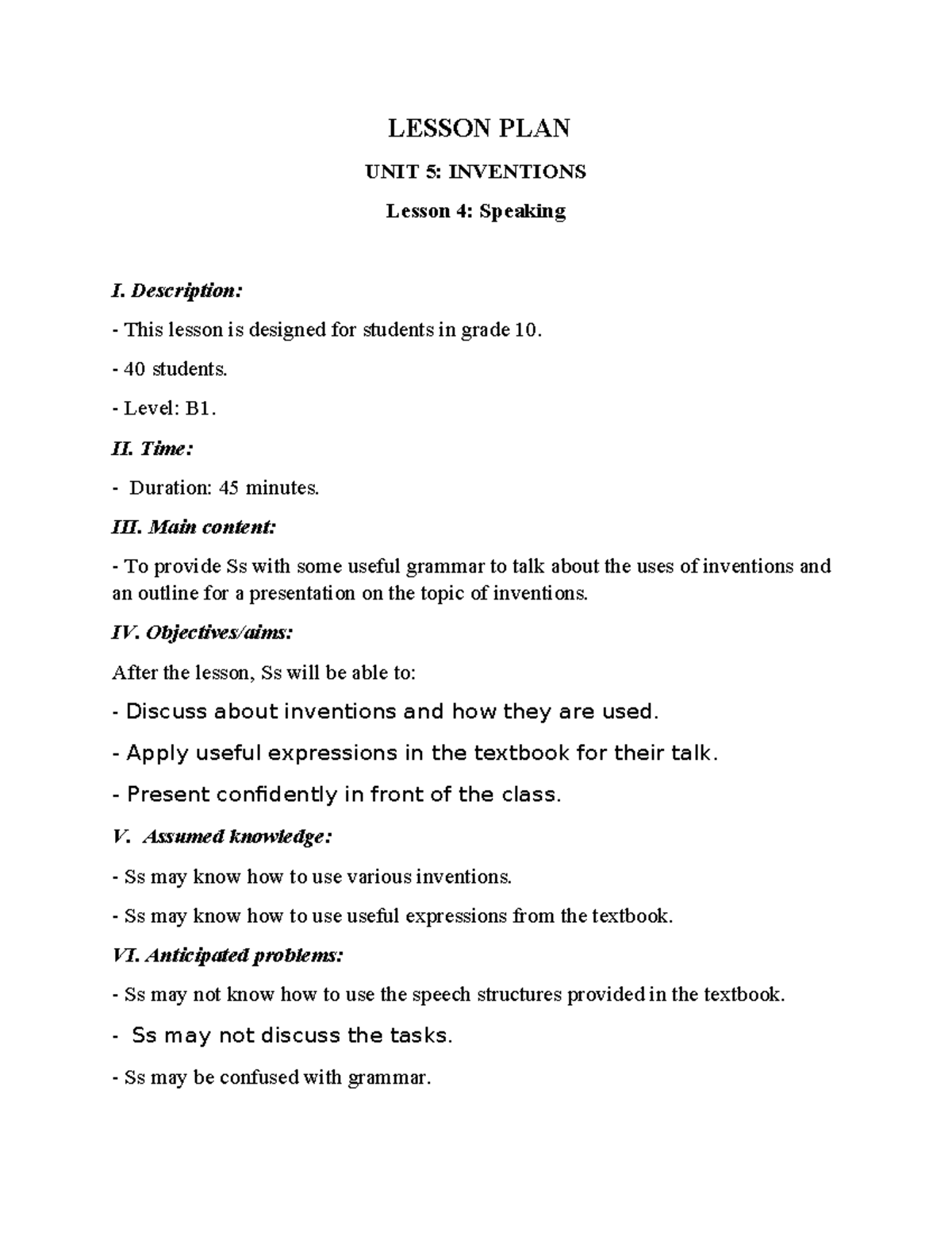 Unit 5: Inventions speaking lesson plan for grade 10 students - Studocu