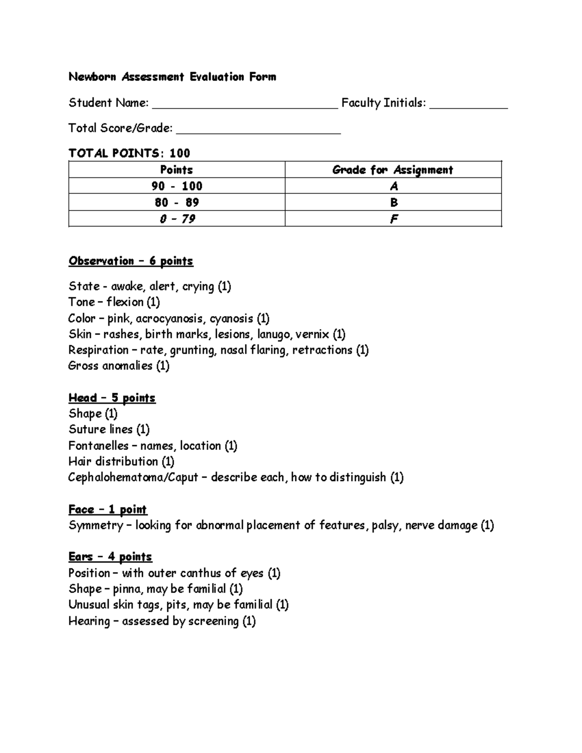 Newborn Assessment Evaluation Form: Complete Guide for NB 101 - Studocu