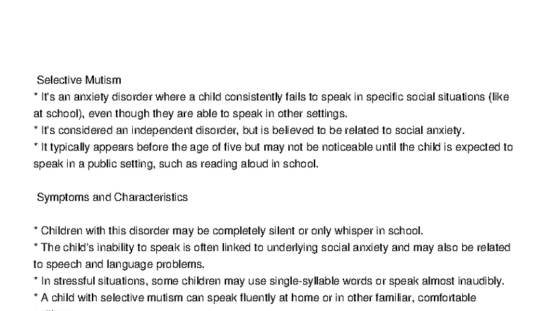 Selective Mutism: Understanding the Disorder and Its Impact - Studocu