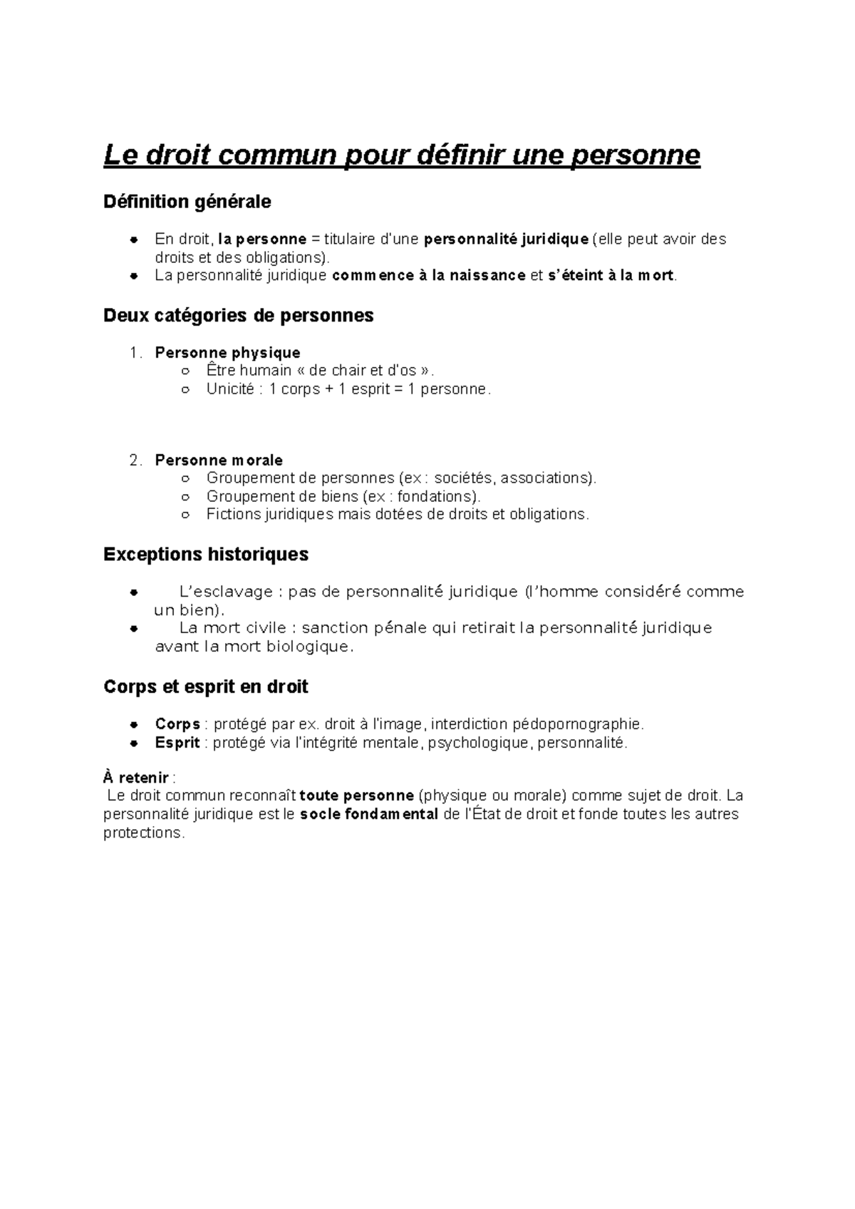 Droit Commun : Définition de la Personne et Personnalité Juridique ...
