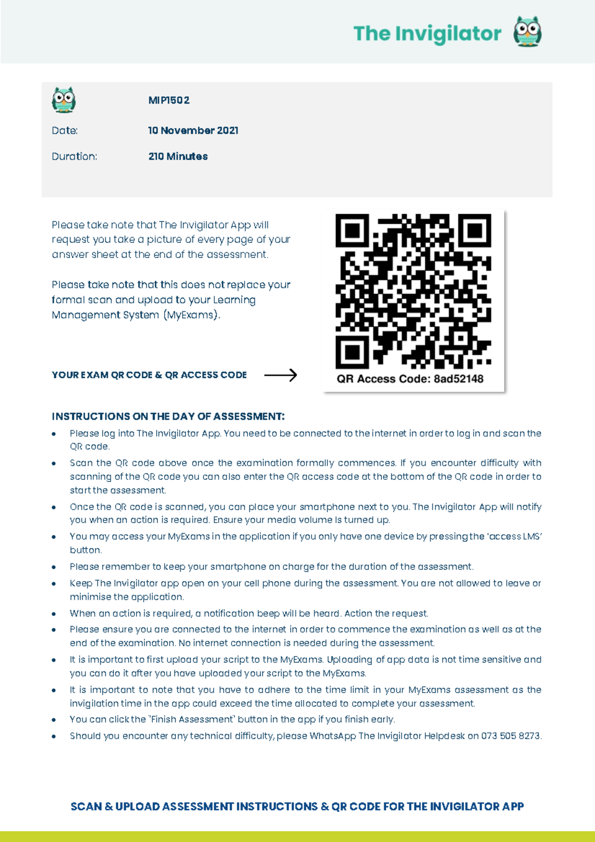 HOME QR code and instructions MIP1502 - SCAN & UPLOAD ASSESSMENT ...