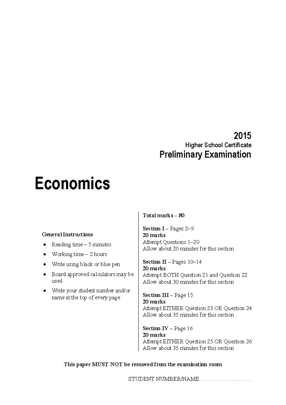Economics HSC Preliminary Exam Questions 2015 - Total Marks 80 - Studocu