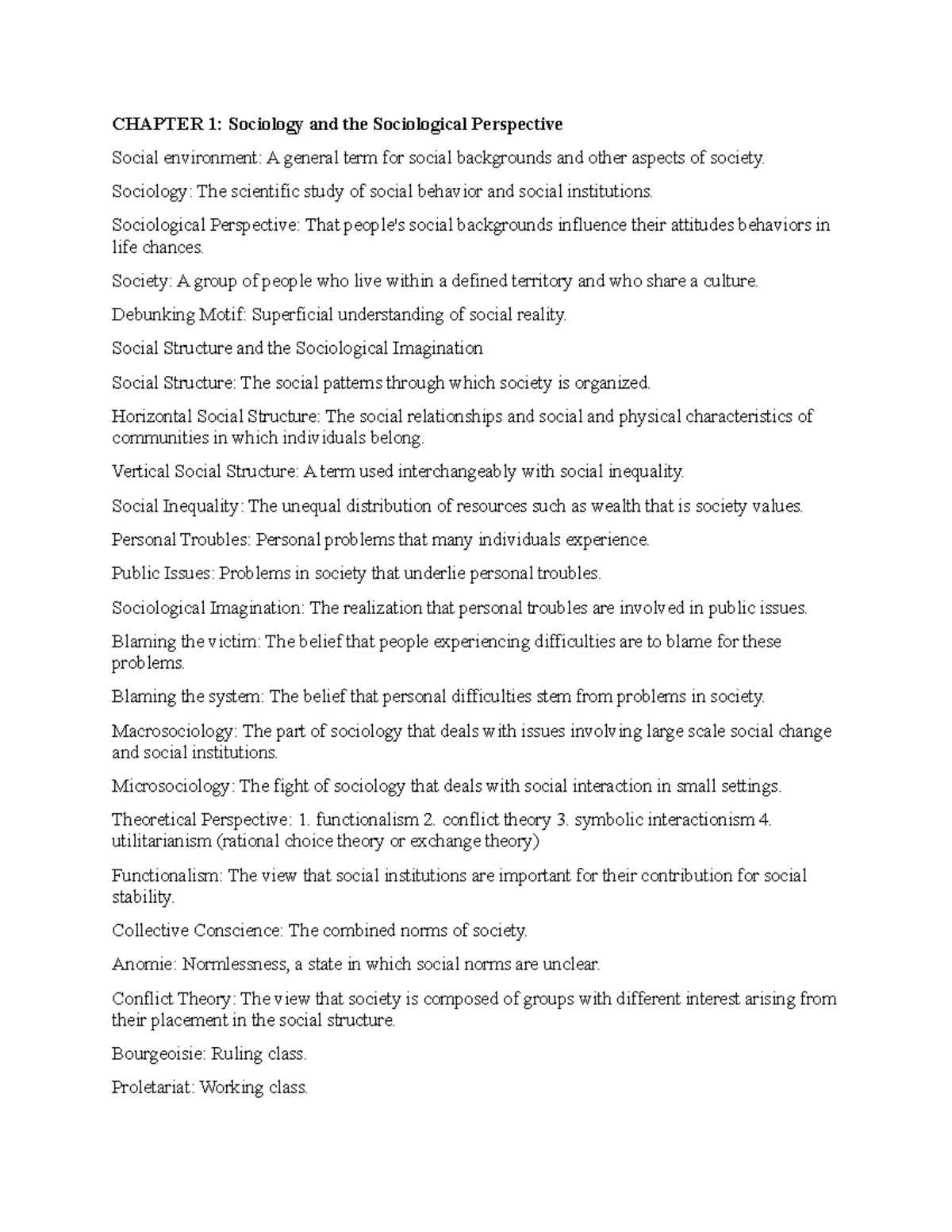 SOC 101 Ch 1-4 - vocabulary and summaries - CHAPTER 1: Sociology and ...