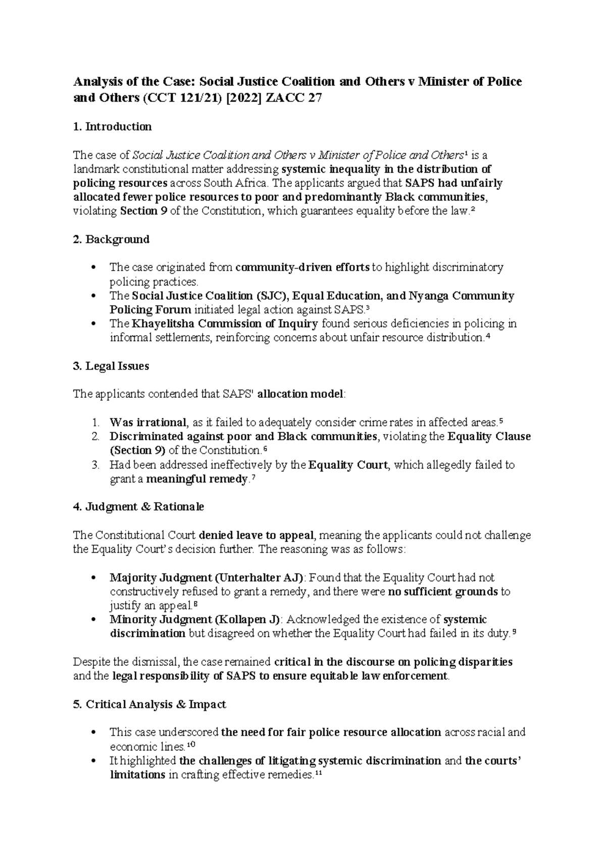 CCT ZACC 27: Summary of Social Justice Coalition v Minister of Police ...