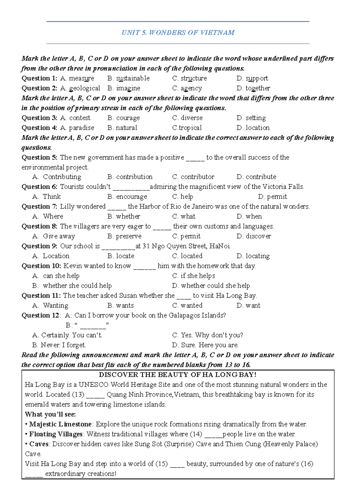 UNIT 5. WONDERS OF VIETNAM - Listening & Reading Comprehension ...