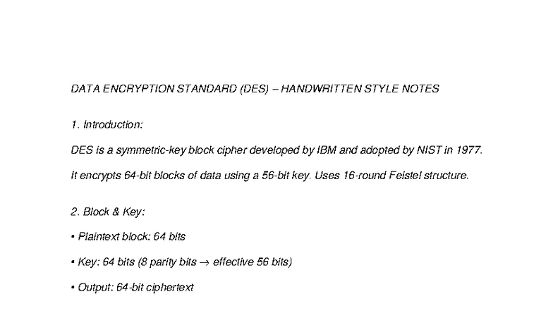 DATA ENCRYPTION STANDARD (DES) HANDWRITTEN NOTES - Studocu