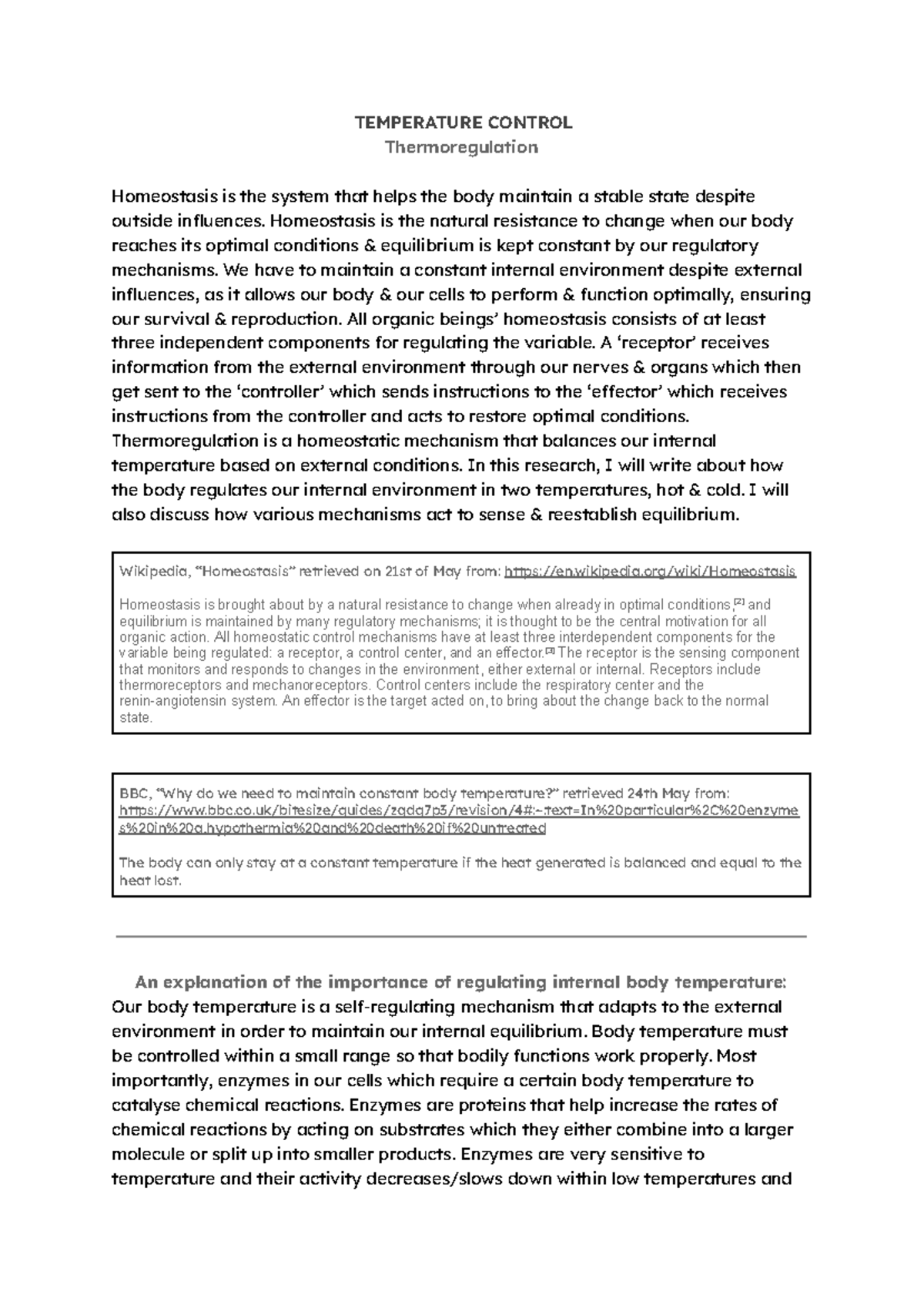 Homeostasis and Thermoregulation: Mechanisms of Temperature Control ...