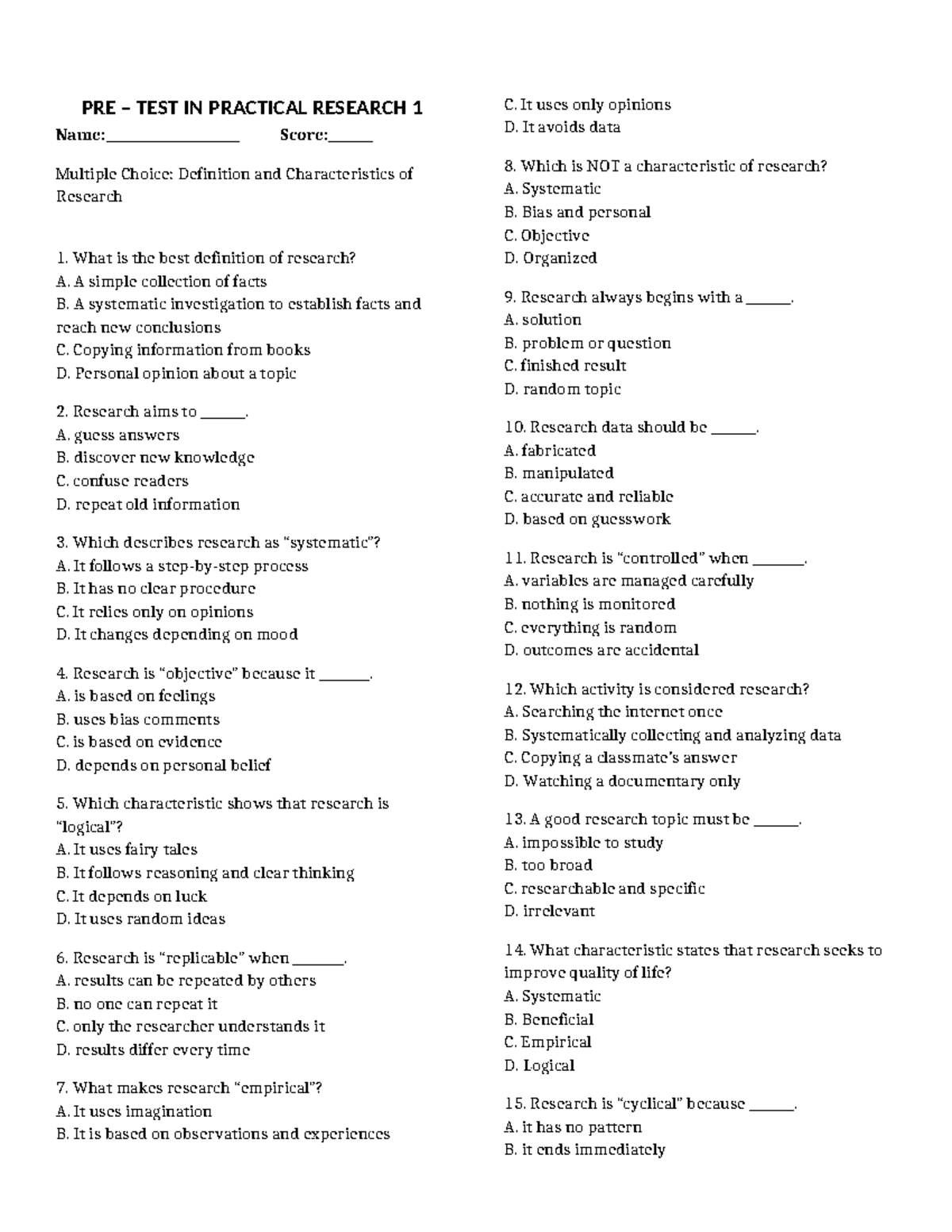 Practical Research 1 Pretest: Multiple Choice on Research Definitions ...