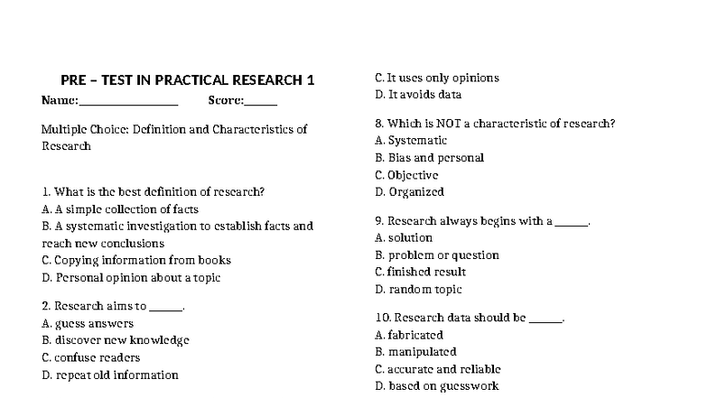 Practical Research 1 Pretest: Multiple Choice on Research Definitions ...