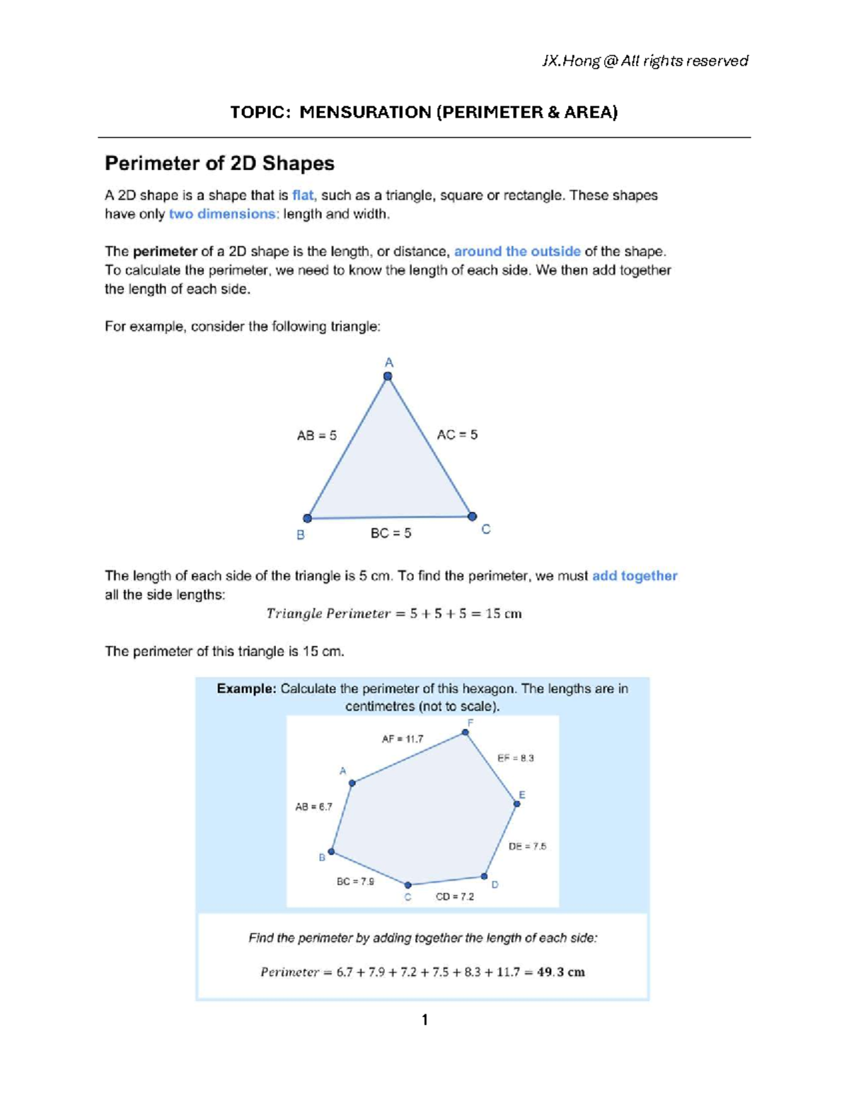 Y7 Maths Handout: Mensuration (Perimeter & Area) - Studocu