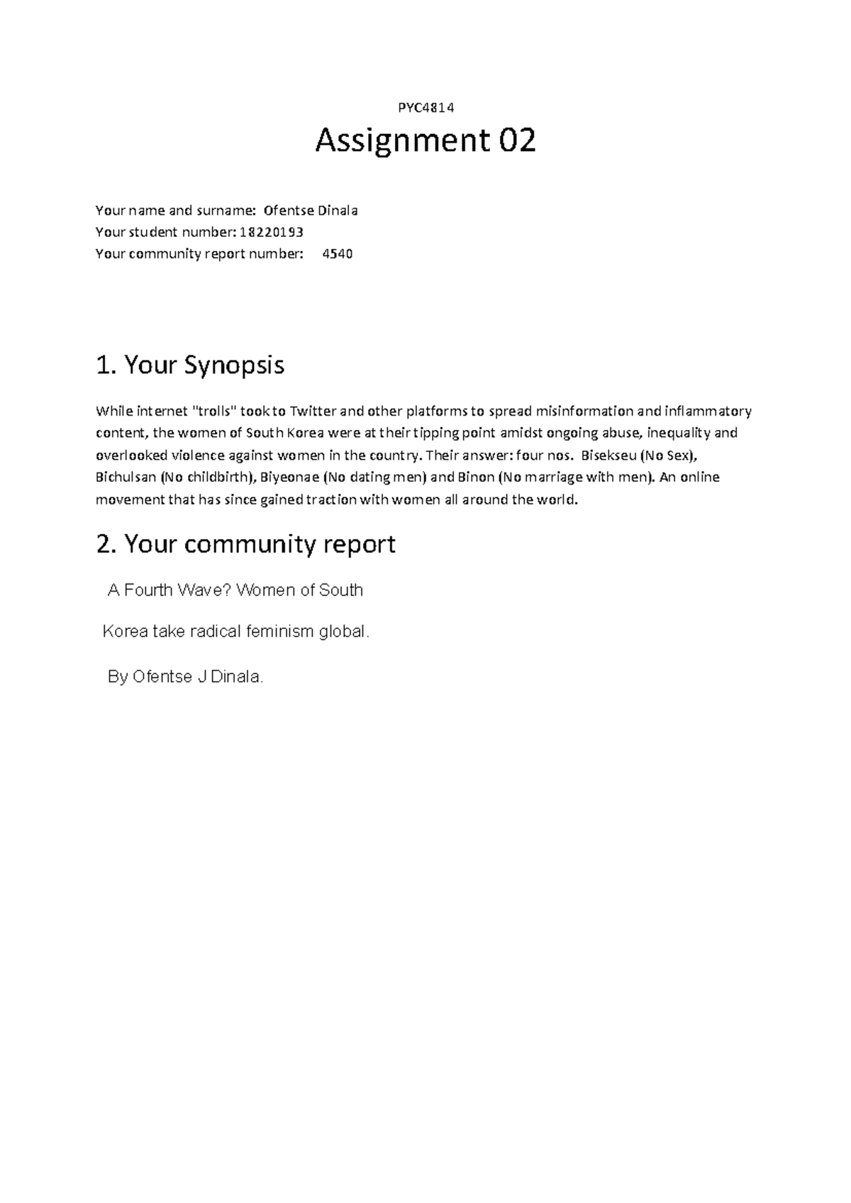 PYC4814 Assignment 02: Community Report on South Korean Feminism - Studocu